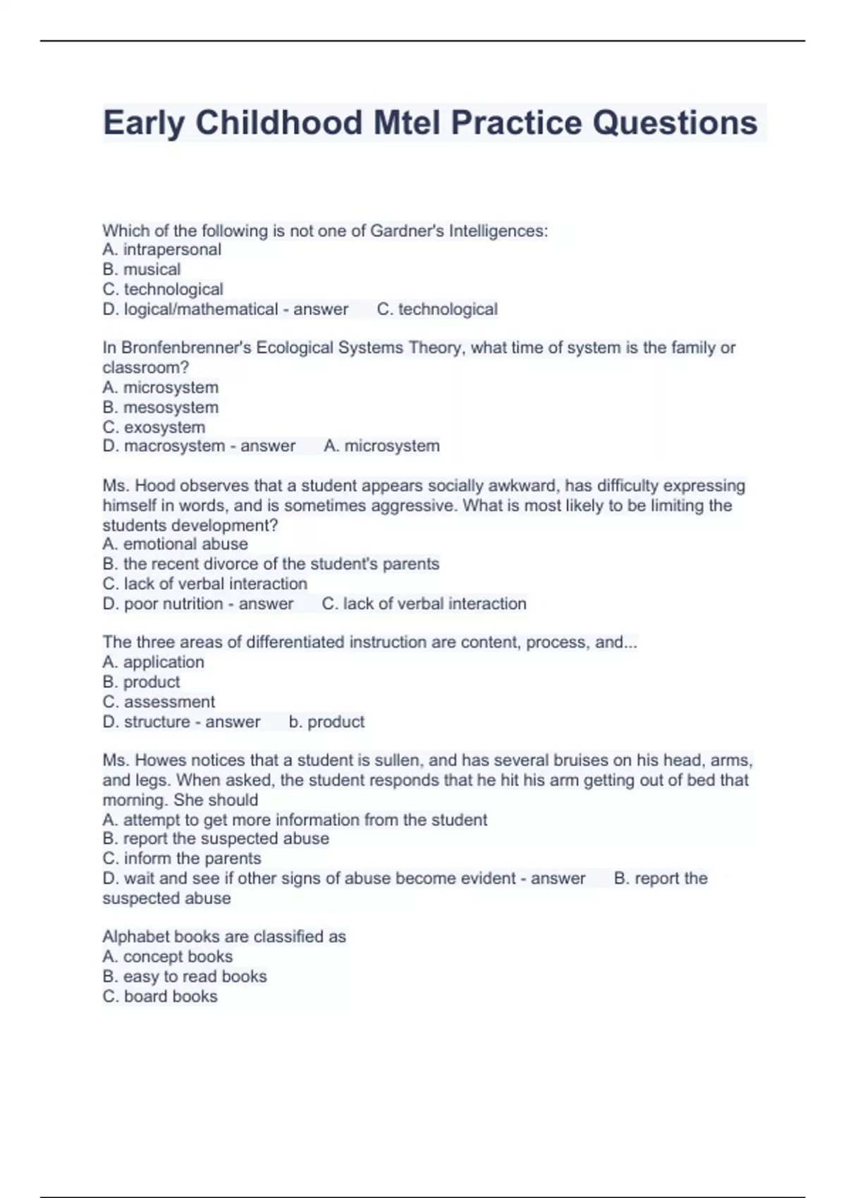 Early Childhood Mtel Practice Questions and Answers 100% correct 2023 ...