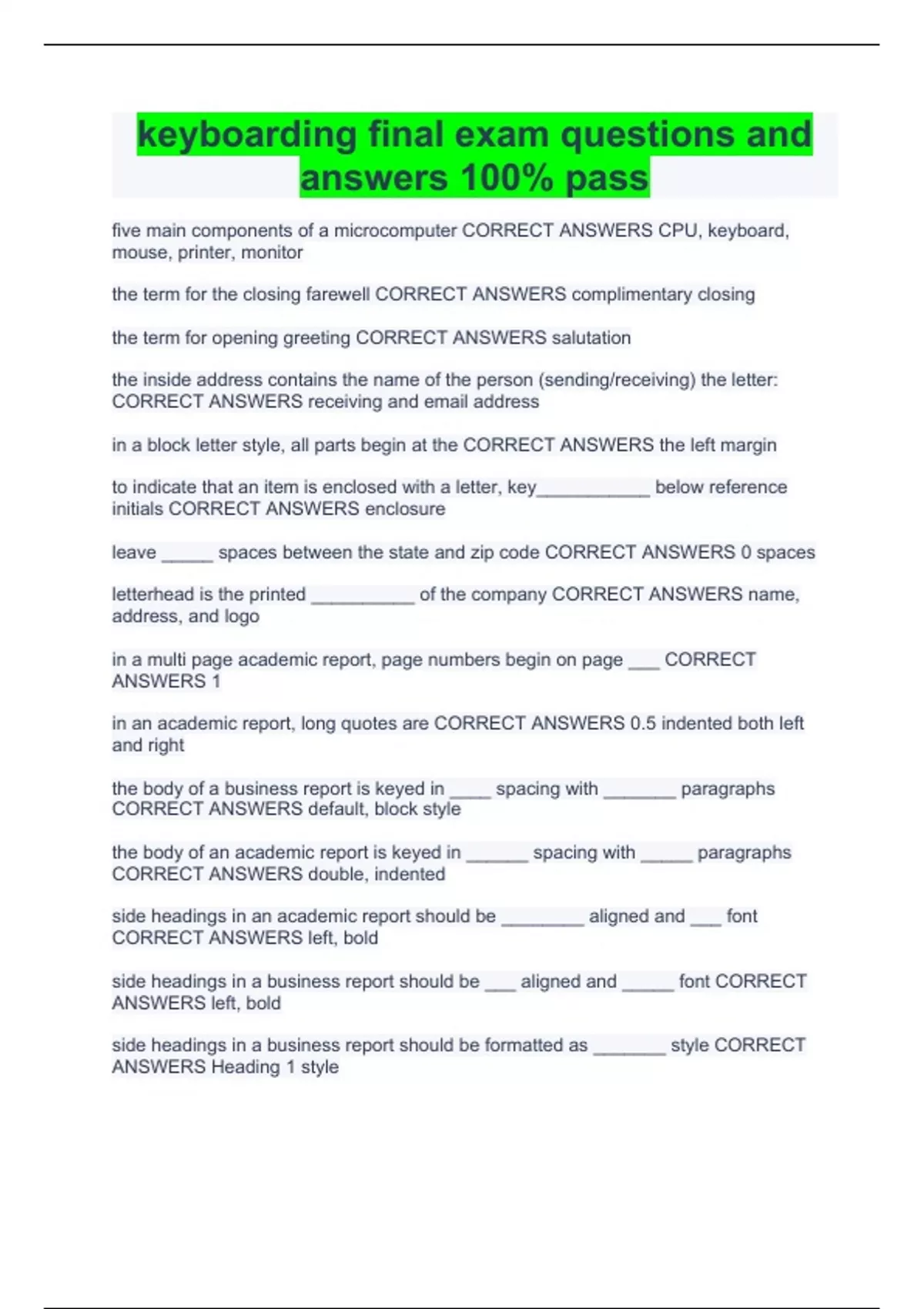 keyboarding final exam questions and answers 100% pass - Keyboarding ...