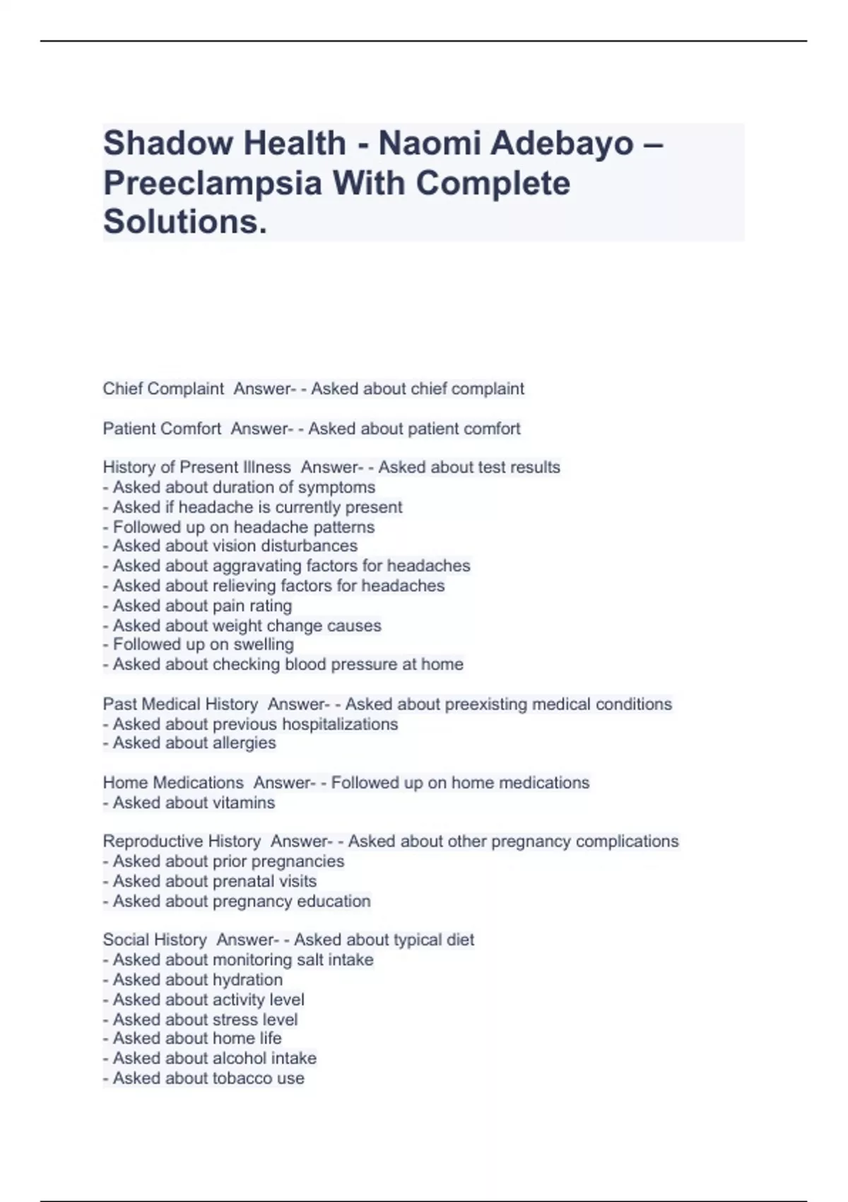 Shadow Health - Naomi Adebayo – Preeclampsia With Complete Solutions ...