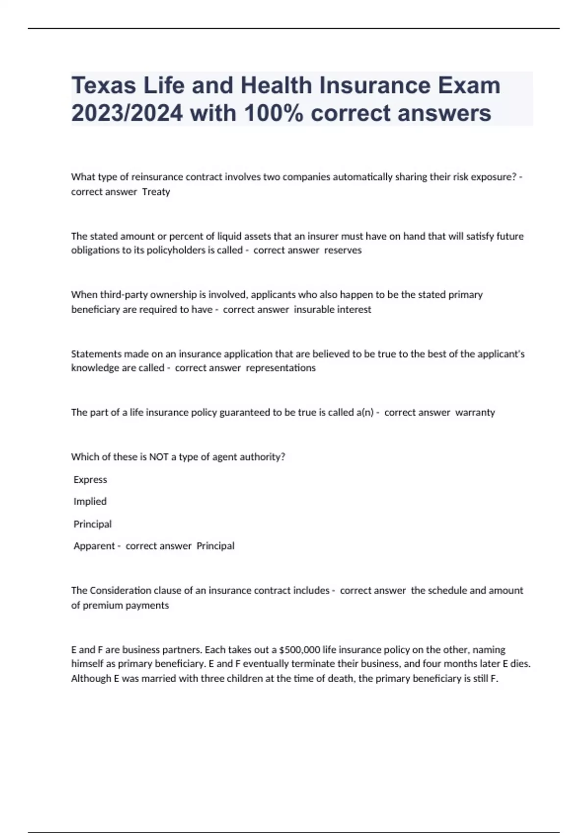 Texas Life Insurance Exam 2023/2024 with 100% correct answers - Texas ...