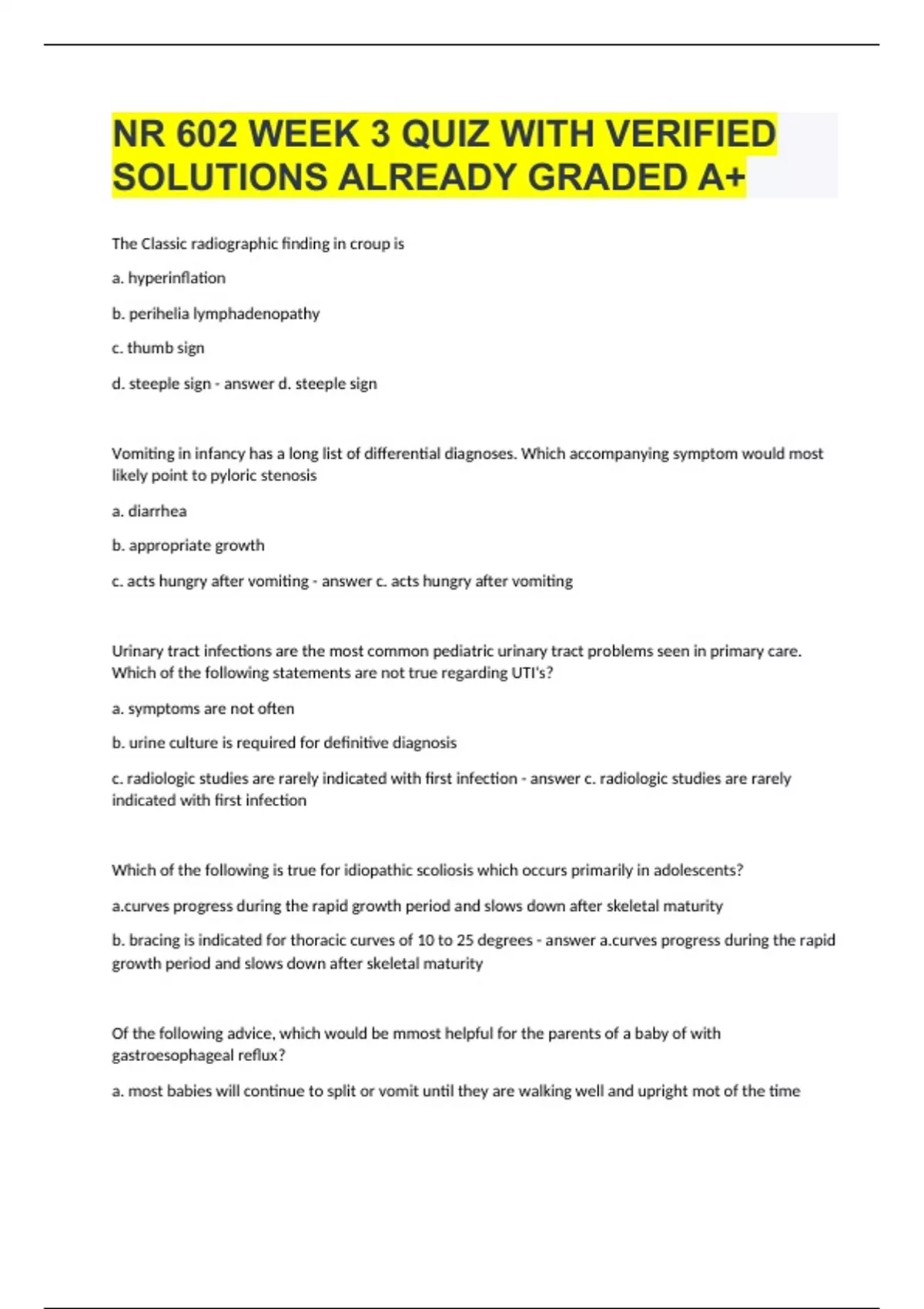 NR 602 WEEK 3 QUIZ WITH VERIFIED SOLUTIONS ALREADY GRADED A+. - NR 603 ...