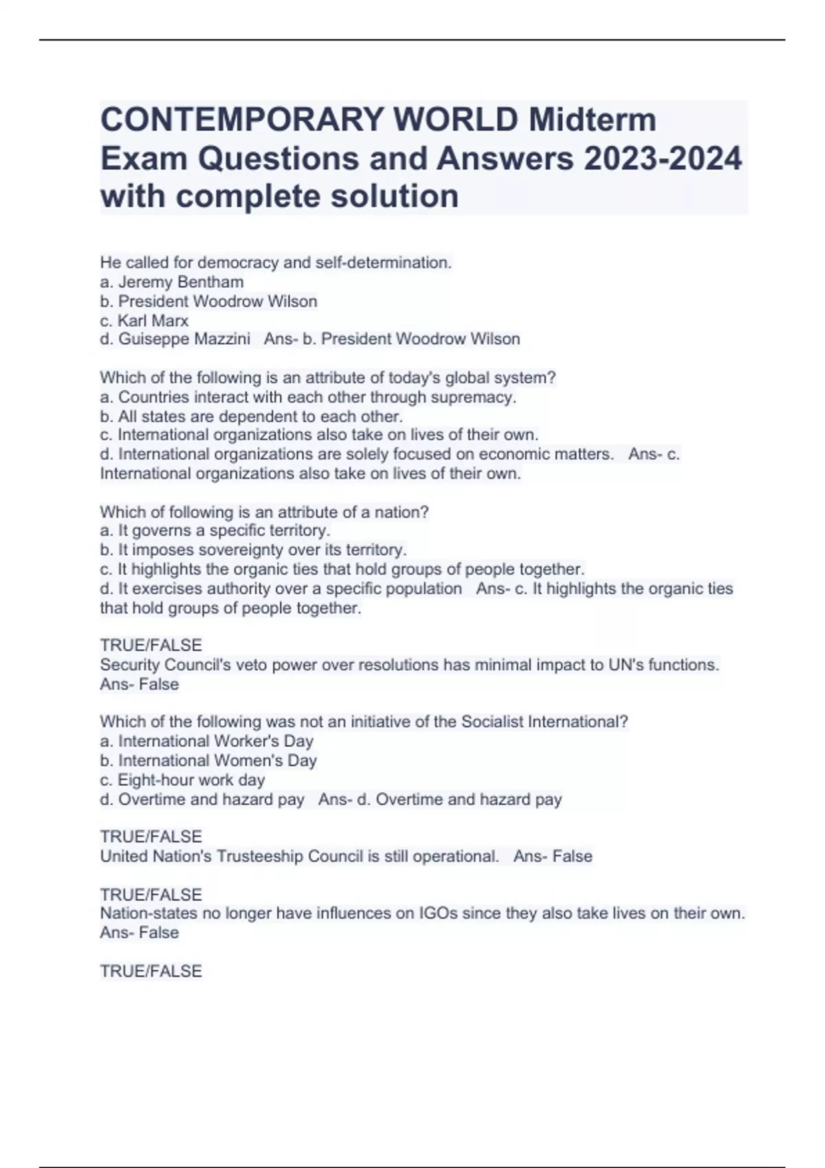 CONTEMPORARY WORLD Midterm Exam Questions and Answers with complete ...