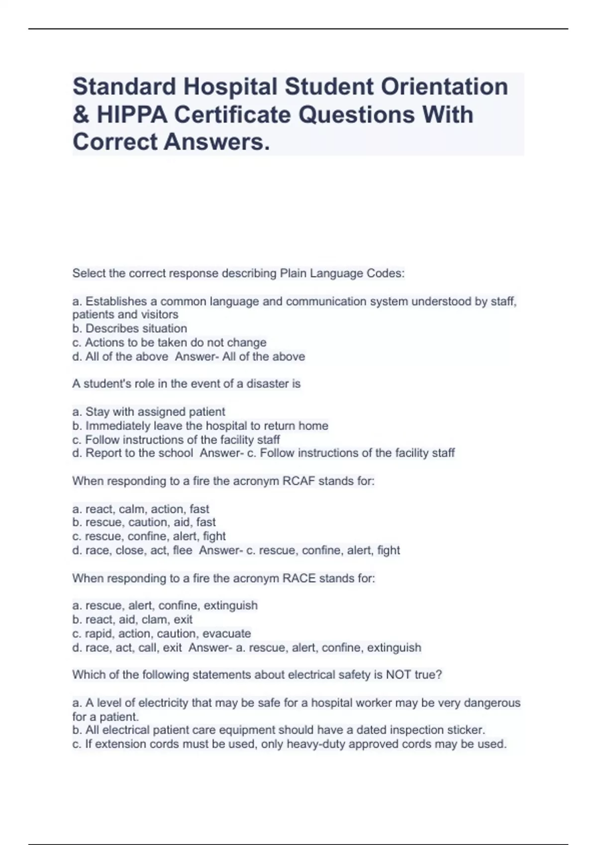 Standard Hospital Student Orientation & HIPPA Certificate Questions ...