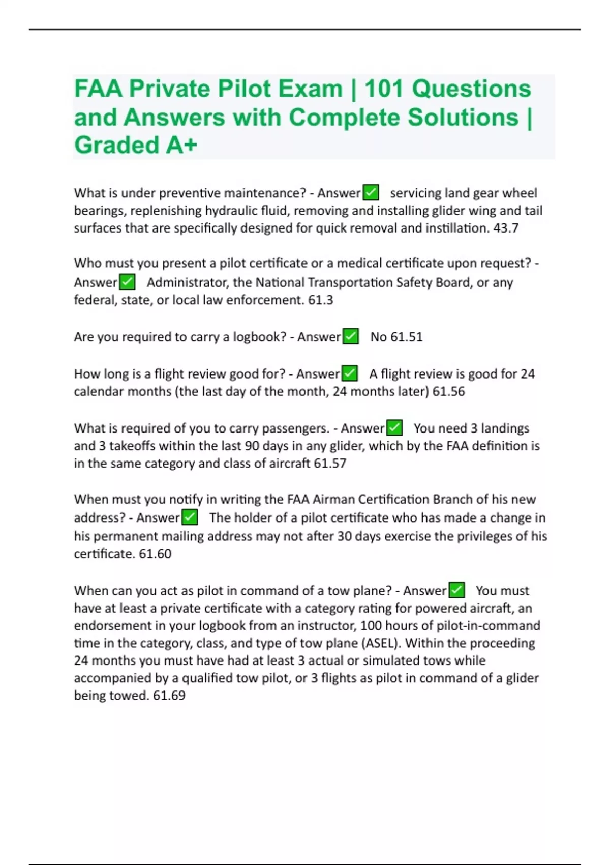 FAA Private Pilot Exam 101 Questions And Answers With Complete FAA Private Pilot Exam 101 Questions And Answers With Complete