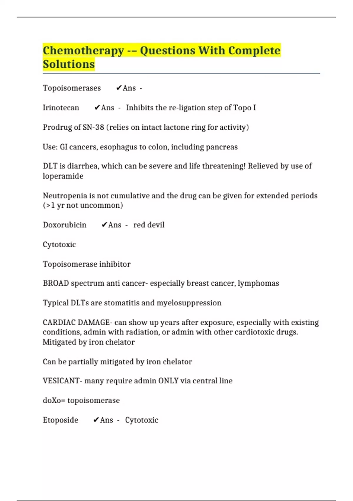 Chemotherapy -– Questions With Complete Solutions - APHON - Stuvia US