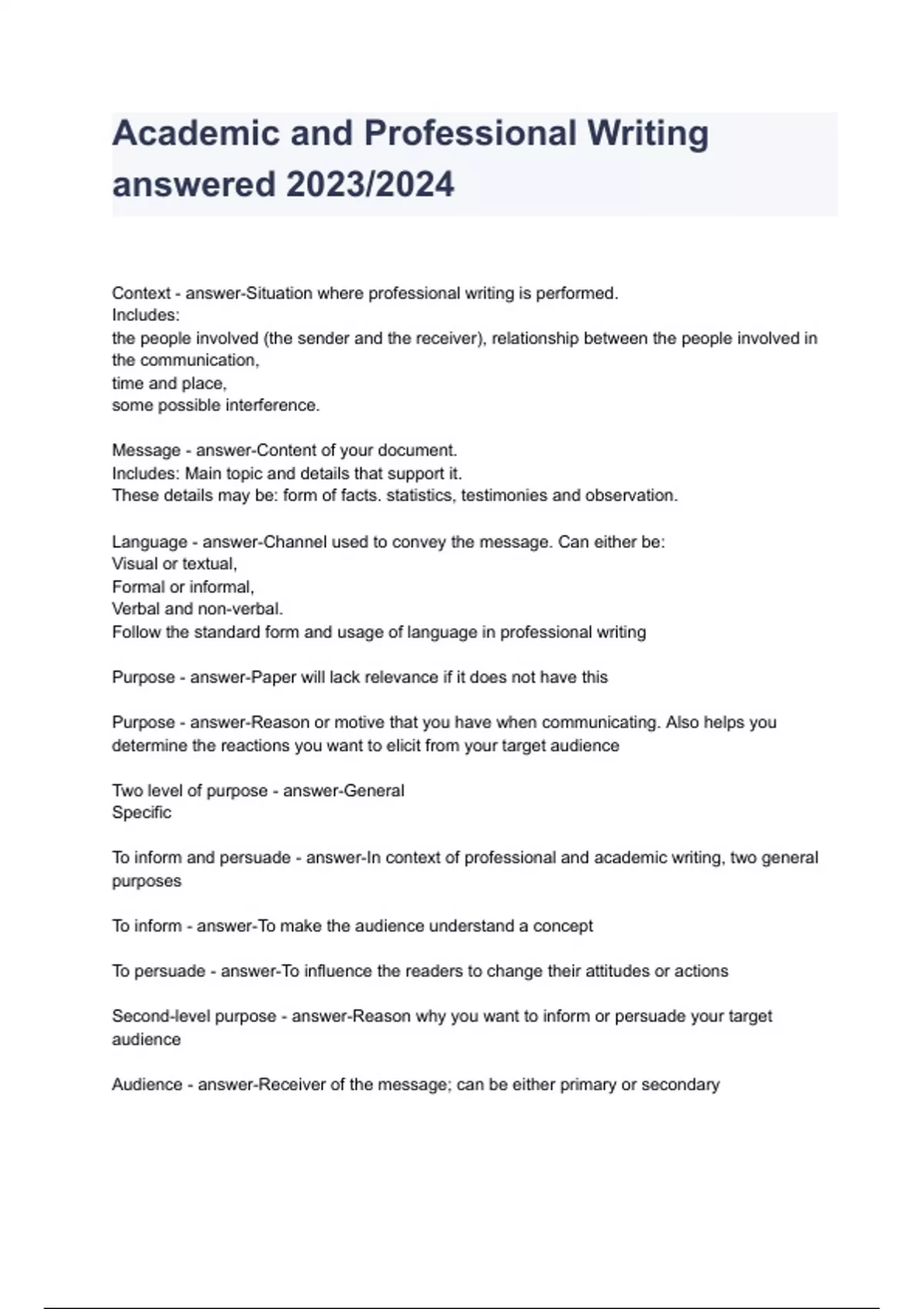 Academic and Professional Writing answered 2023/2024 - Academic and ...
