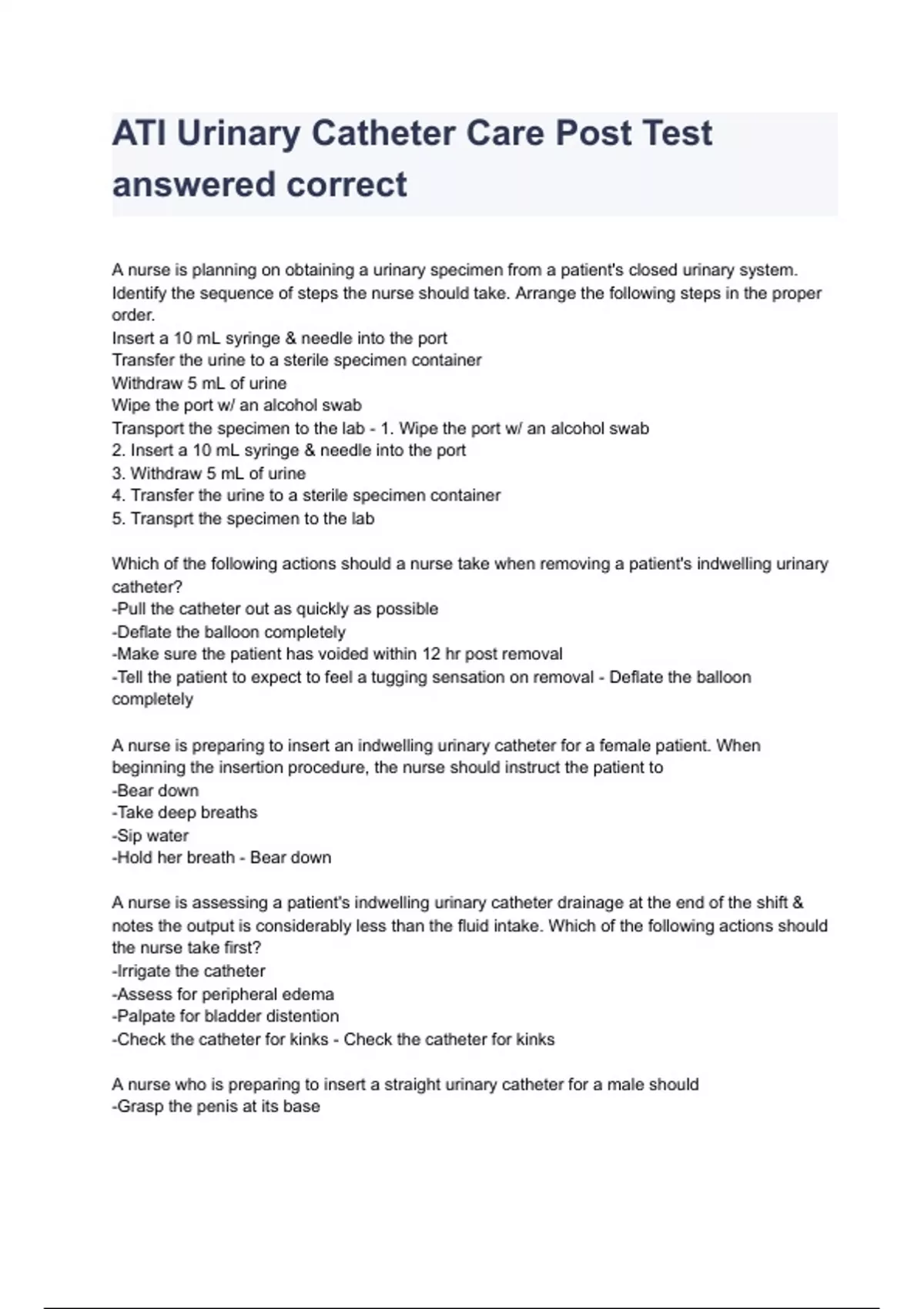 ATI Urinary Catheter Care Post Test answered correct - ATI Urinary ...