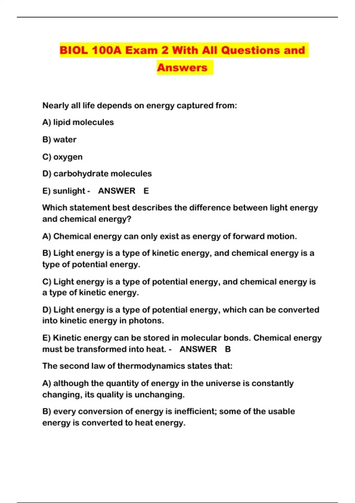 BIOL 100A Exam 2 With All Questions and Answers - BIOL 100A - Stuvia US
