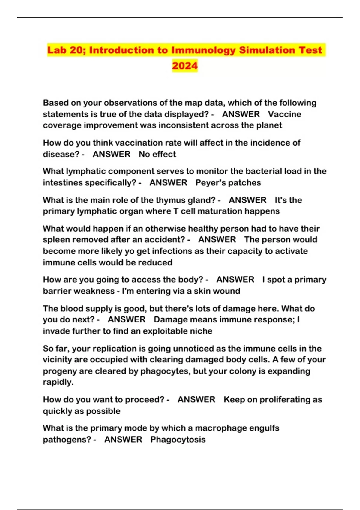 Lab 20; Introduction to Immunology Simulation Test 2024 - Lab 20 ...