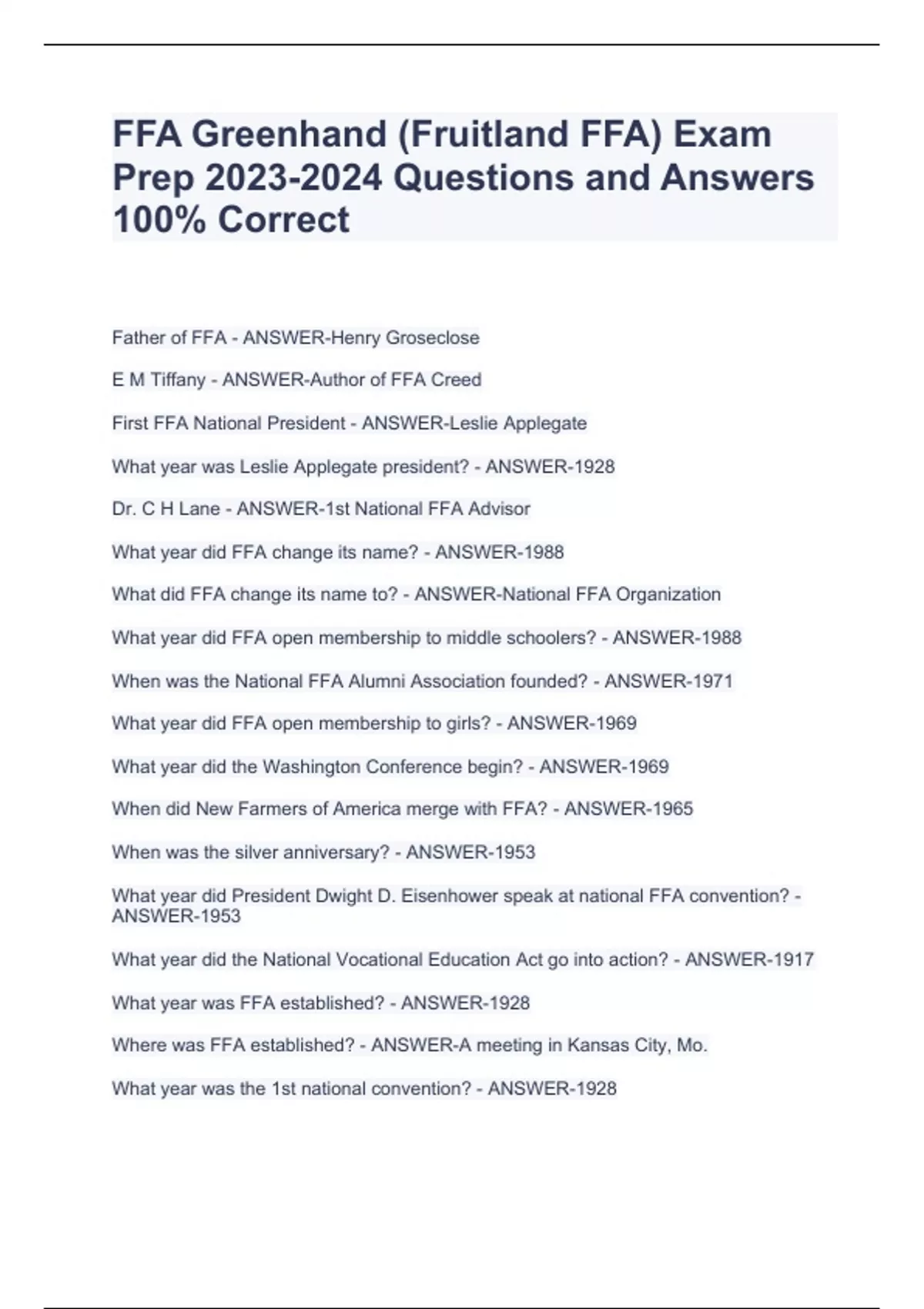 FFA Greenhand (Fruitland FFA) Exam Prep Questions and Answers 100% ...