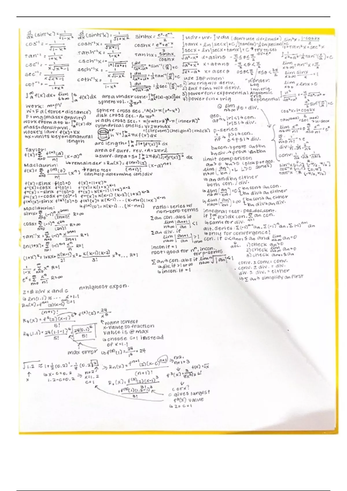 MATH 126 Summary Sheet - Trig, Inverse Trig, Work, Taylor/Maclaurin ...
