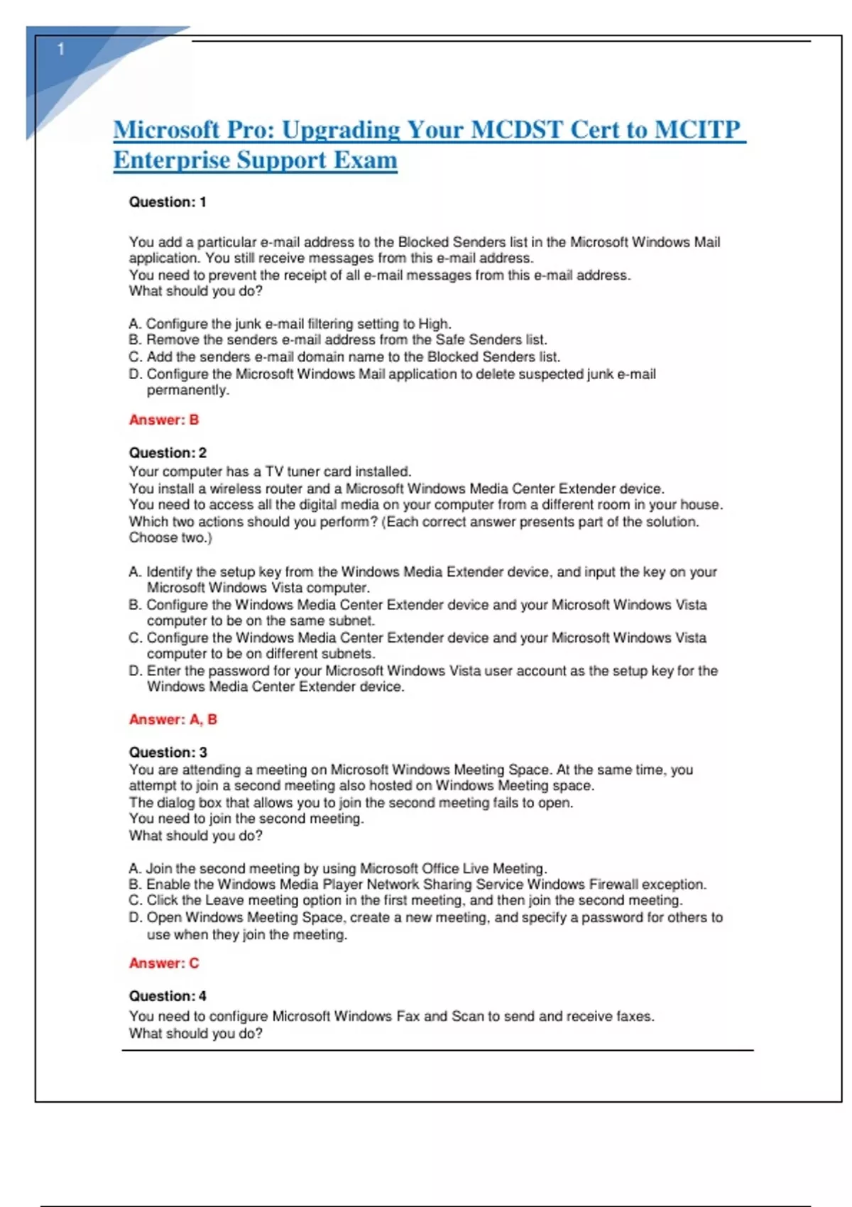 Microsoft Pro: Upgrading Your MCDST Cert to MCITP Enterprise Support Exam - MCSD - Stuvia US