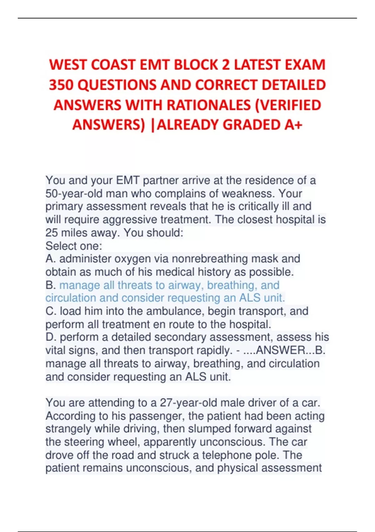 WEST COAST EMT BLOCK 2 LATEST EXAM 350 QUESTIONS AND CORRECT DETAILED ...