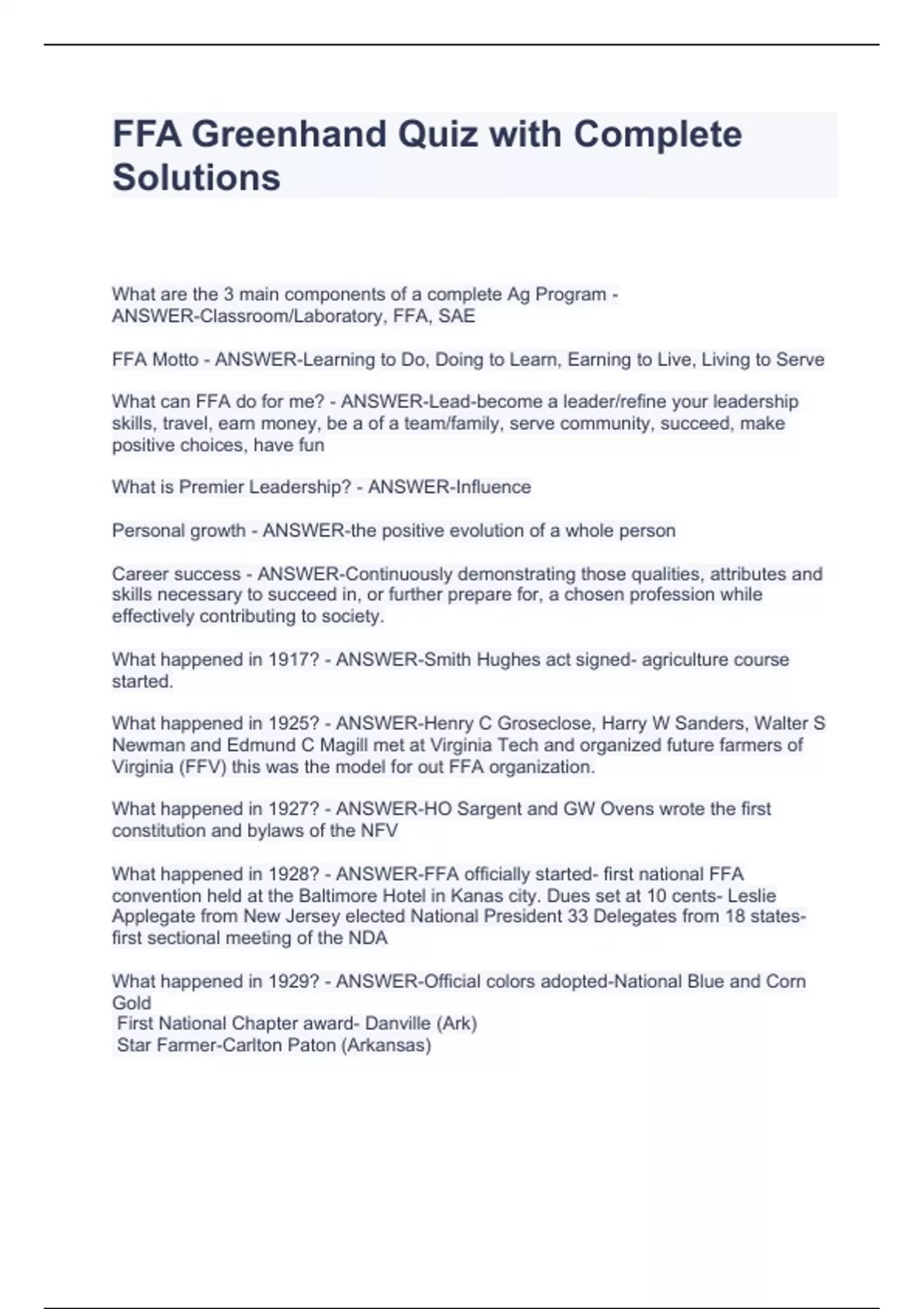 FFA Greenhand Quiz with Complete Solutions - FFA Greenhand - Stuvia UK