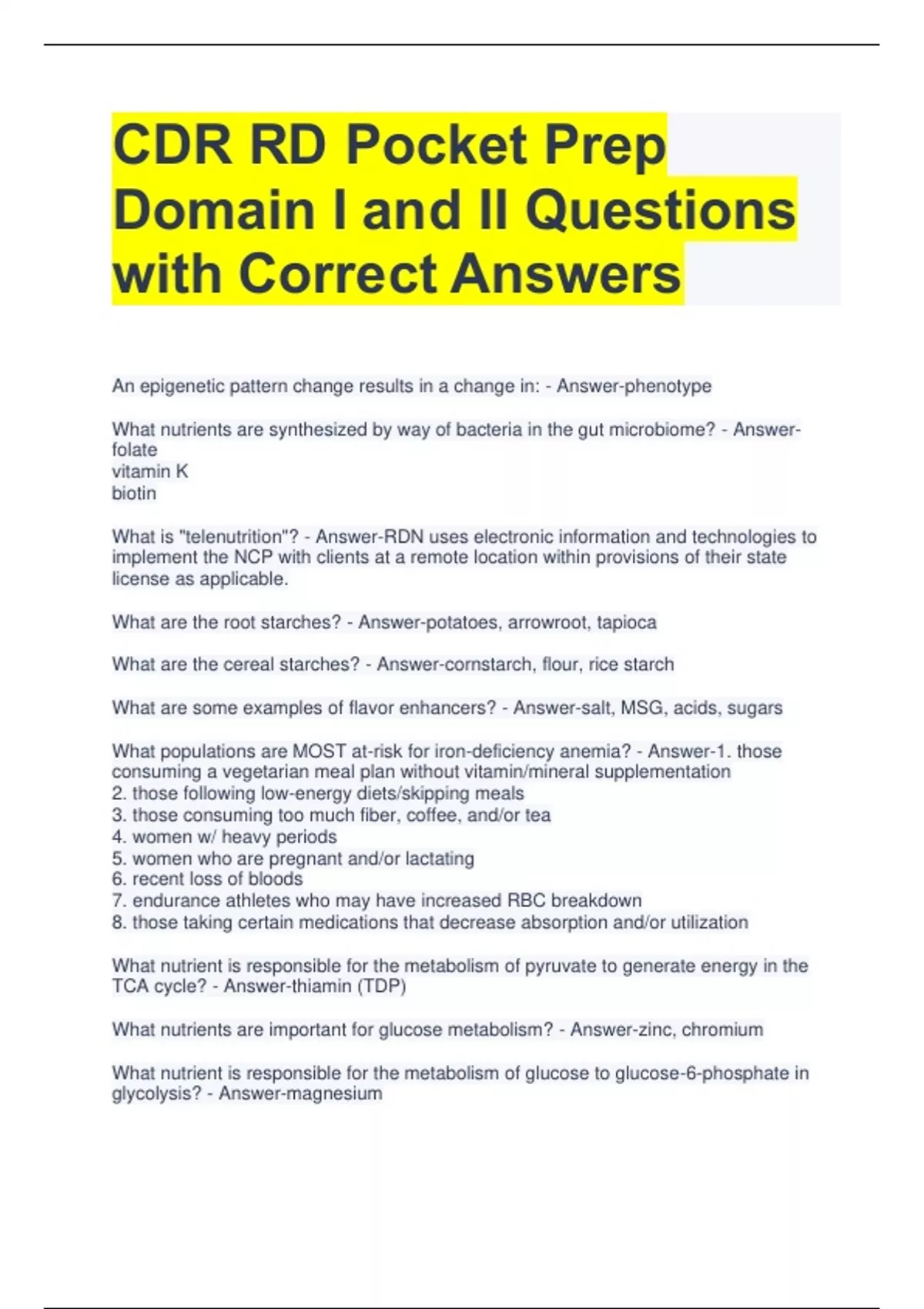CDR RD Pocket Prep Domain I and II Questions with Correct Answers - CDR ...
