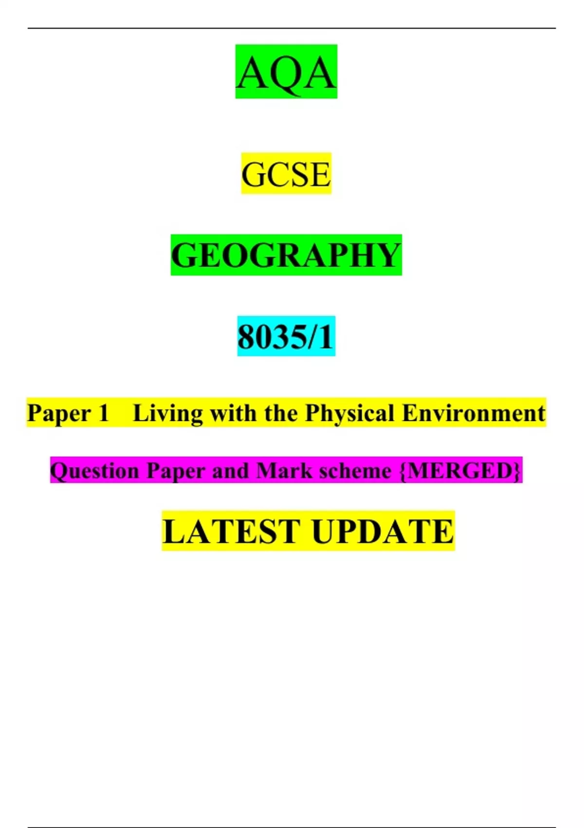 AQA GCSE GEOGRAPHY 8035/1 Paper 1 Living with the Physical Environment Question Paper and Mark ...