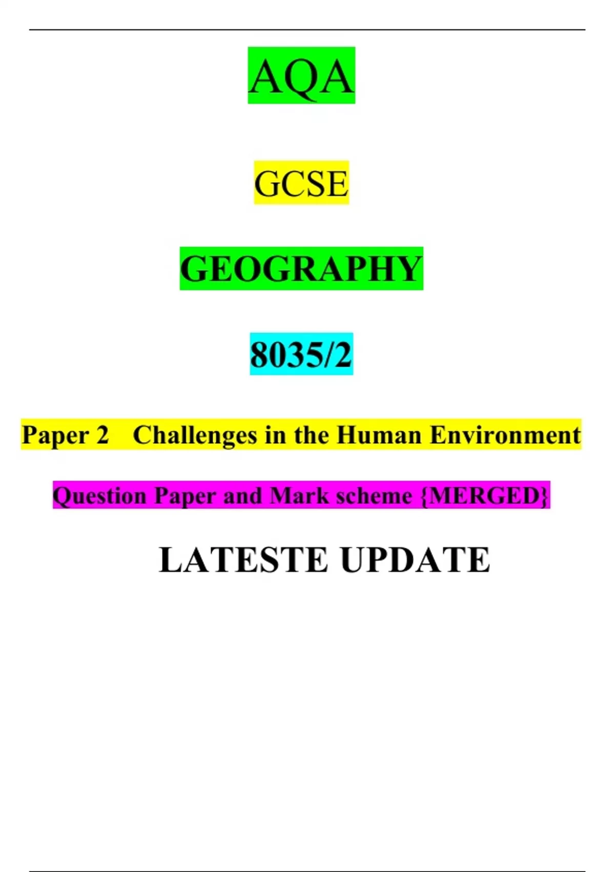 AQA GCSE GEOGRAPHY 8035/2 Paper 2 Challenges in the Human Environment ...
