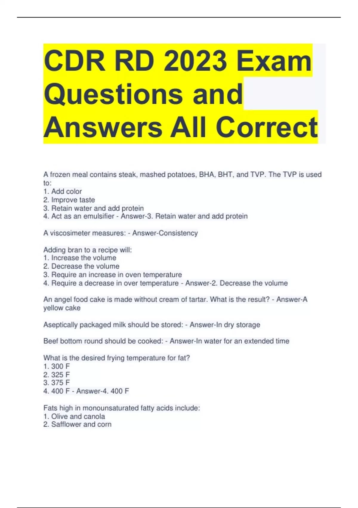 CDR RD 2023 Exam Questions and Answers All Correct - CDR RD - Stuvia US