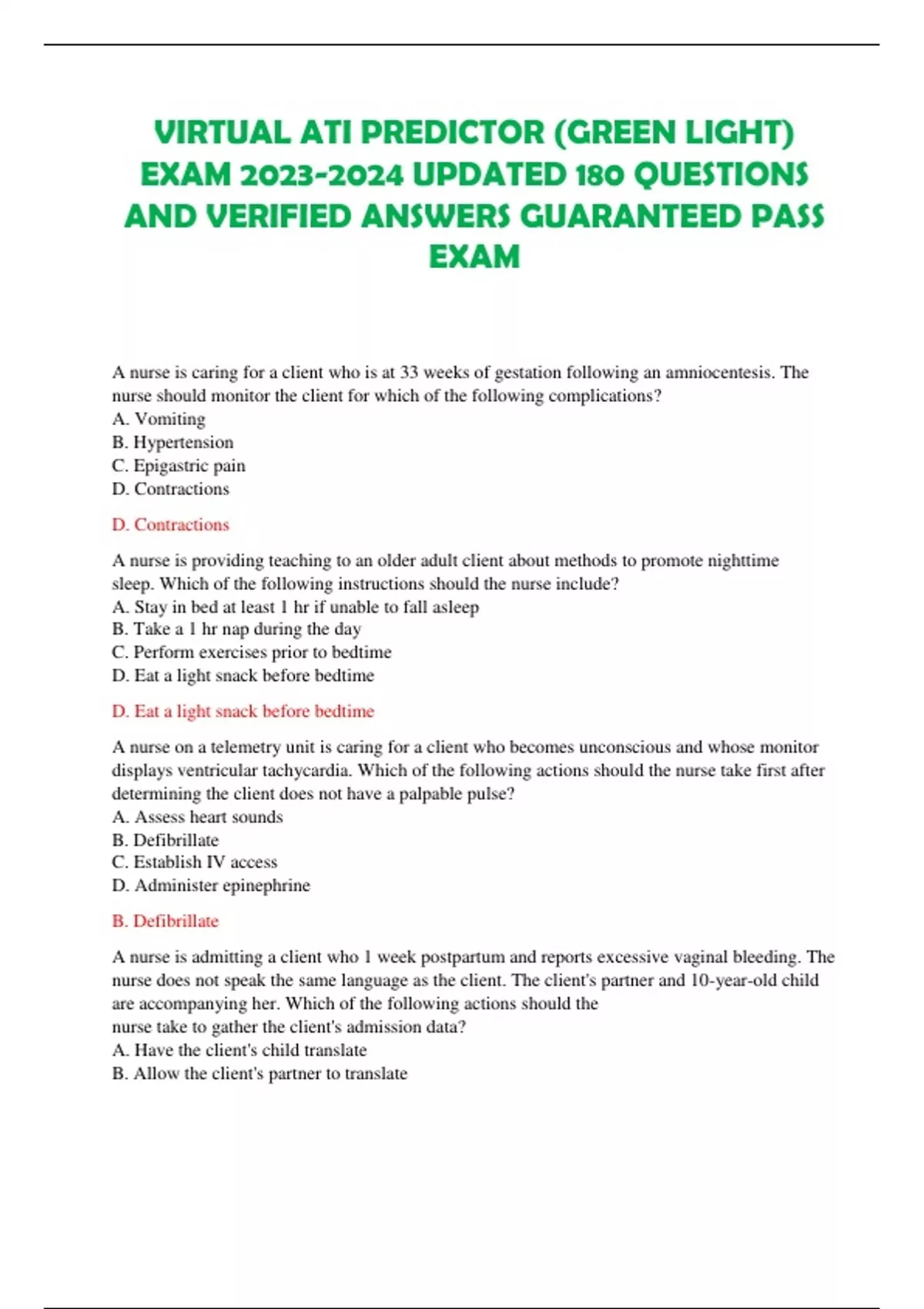 VIRTUAL ATI PREDICTOR (GREEN LIGHT) EXAM 2026 UPDATED 180 QUESTIONS AND ...
