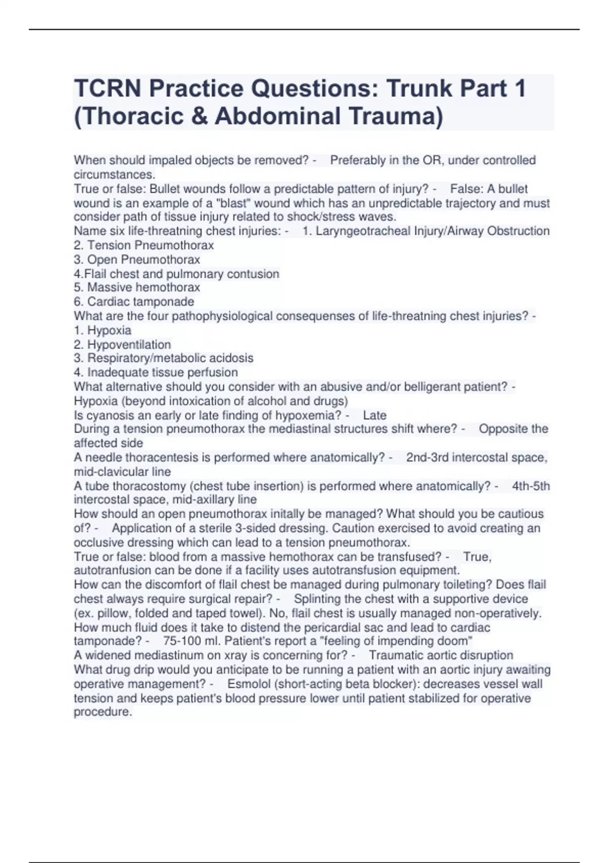 TCRN Practice Questions: Trunk Part 1 (Thoracic & Abdominal Trauma) - TCRN - Stuvia US