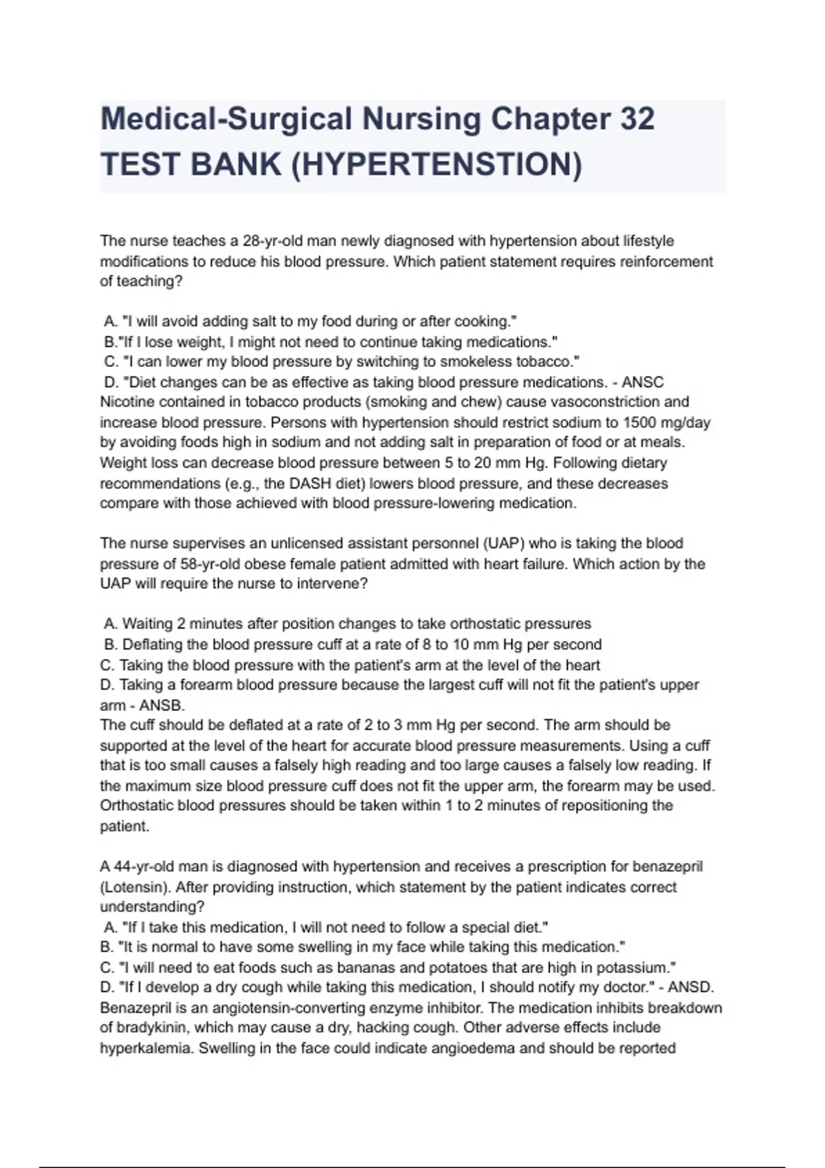 Medical-Surgical Nursing Chapter 32 TEST BANK (HYPERTENSTION) 2023/2024 ...