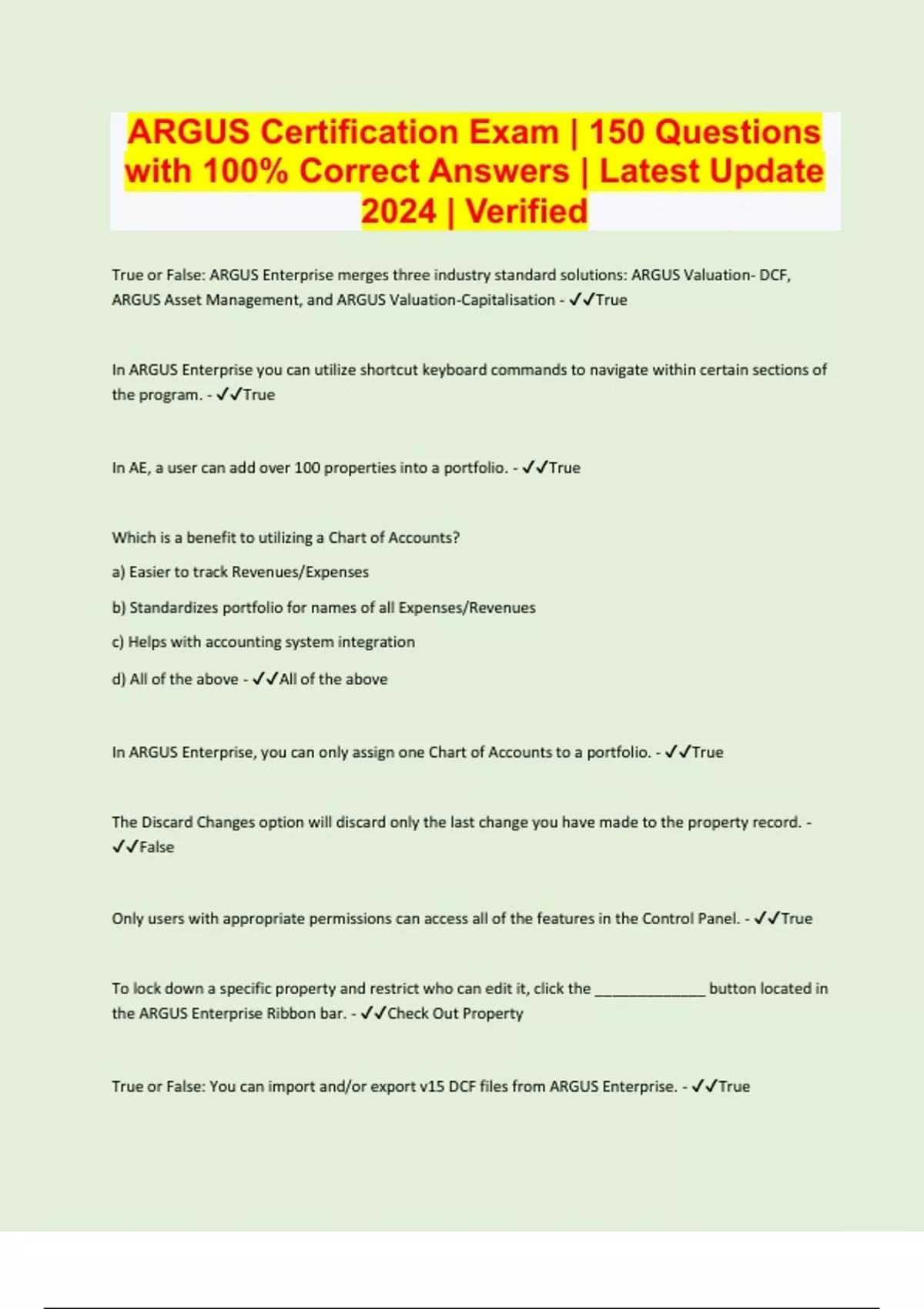 ARGUS Certification Exam | 150 Questions with 100% Correct Answers ...