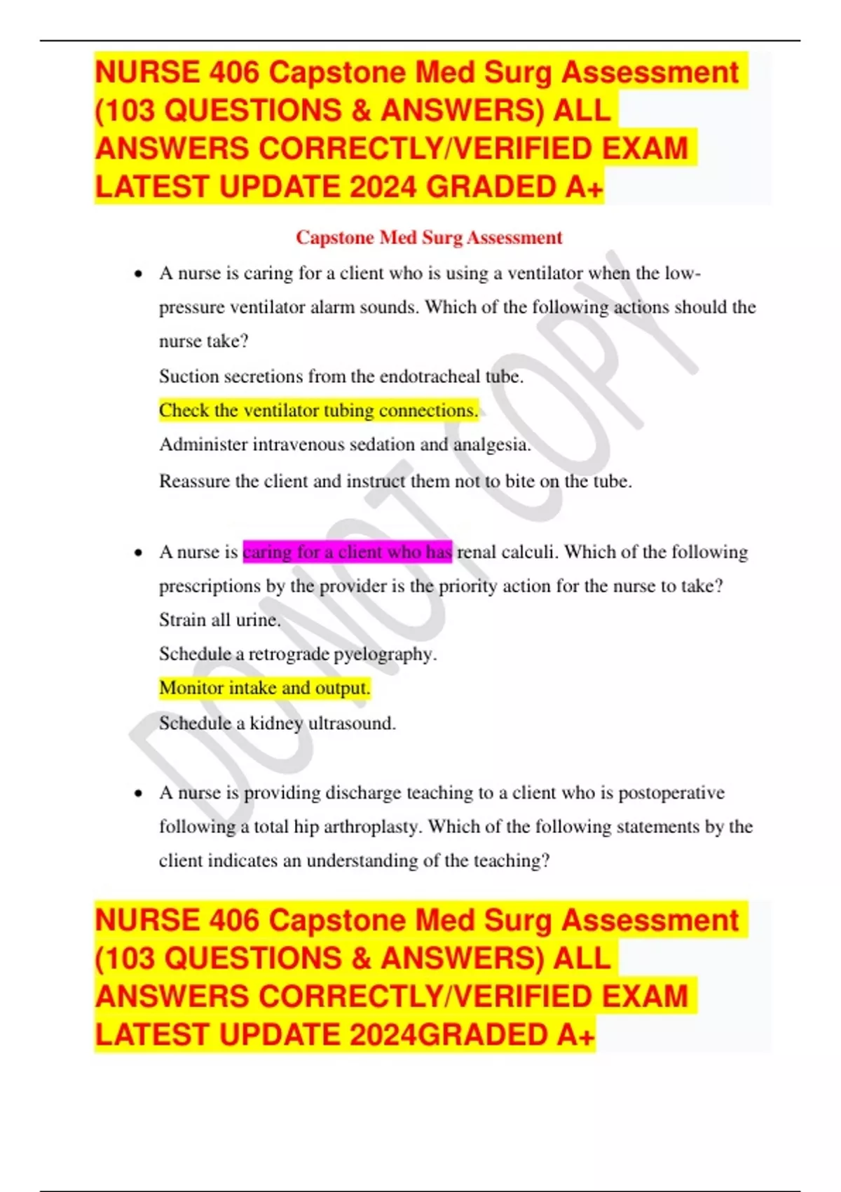 NURSE 406 Capstone Med Surg Assessment (103 QUESTIONS & ANSWERS) ALL ...