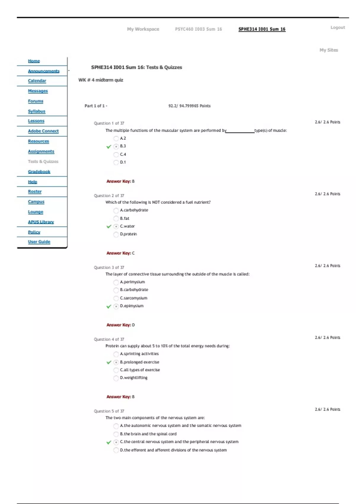 SPHE 314 Quiz 4 Midterm - Score 92.2/94.79% (American Military University) - SPHE 314 - Stuvia US