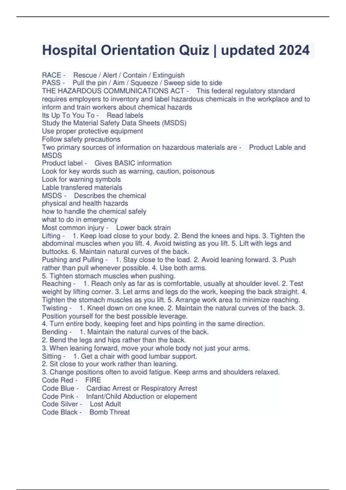 Hospital Orientation Quiz | updated 2024 - Hospital Orientation - Stuvia US