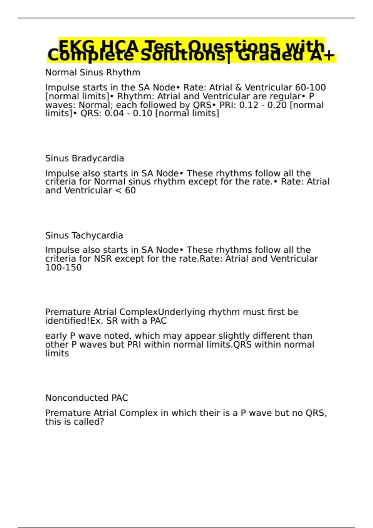EKG HCA Test Questions with Complete Solutions| Graded A+ - EKG HCA ...