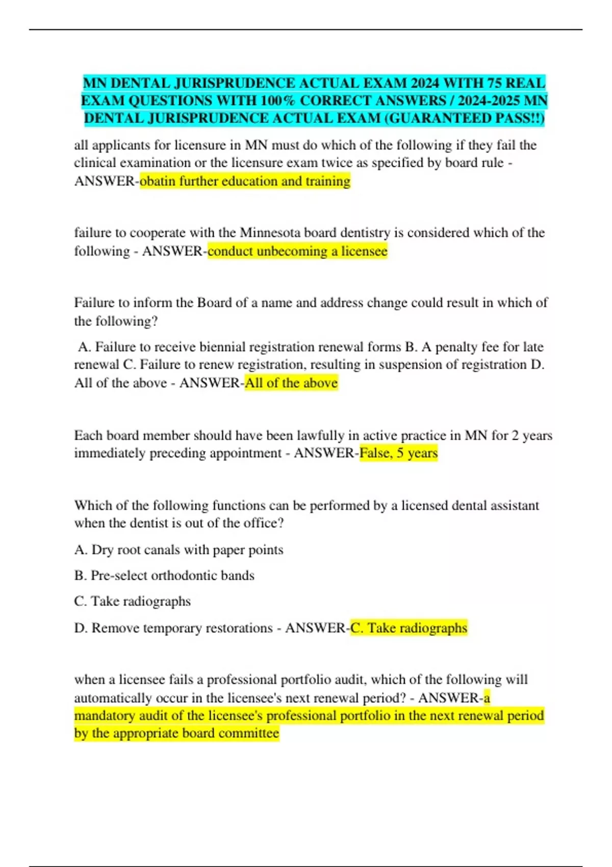 MN DENTAL JURISPRUDENCE ACTUAL EXAM 2024 WITH 75 REAL EXAM QUESTIONS ...
