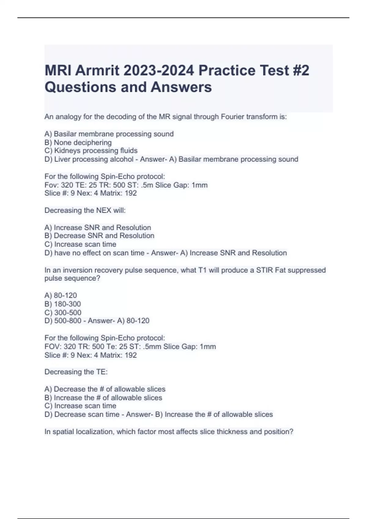 MRI Armrit Practice Test #2 Questions and Answers - ARMRIT - Stuvia US