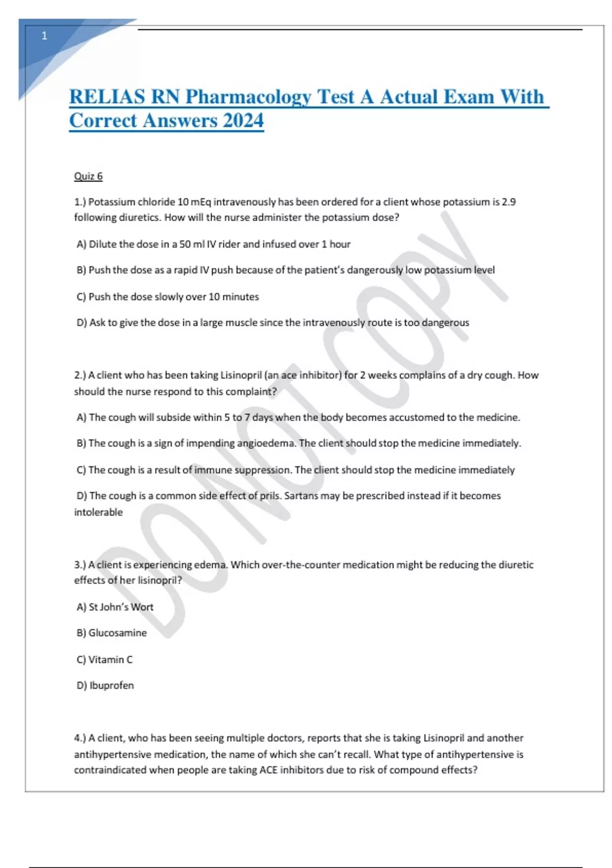 RELIAS RN Pharmacology Test A Actual Exam With Correct Answers 2024 ...