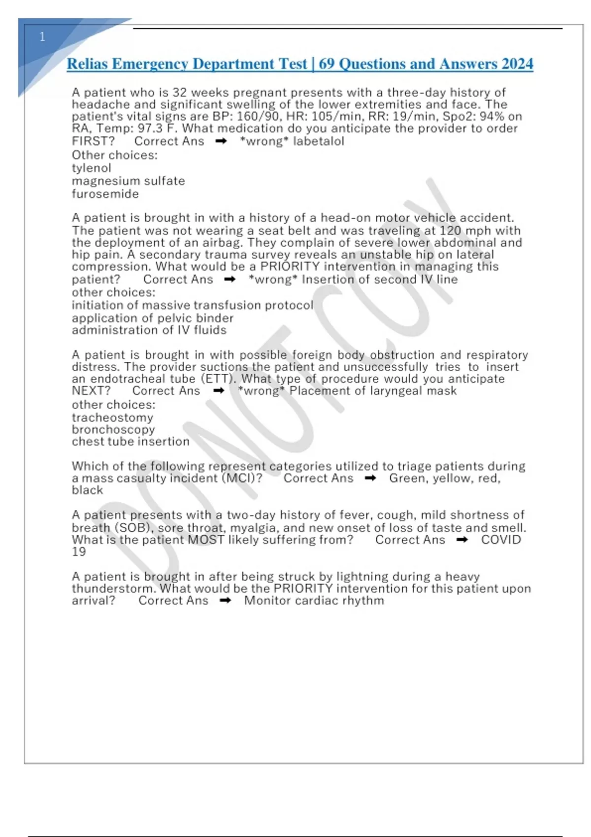 Relias Emergency Department Test | 69 Questions and Answers 2024 ...