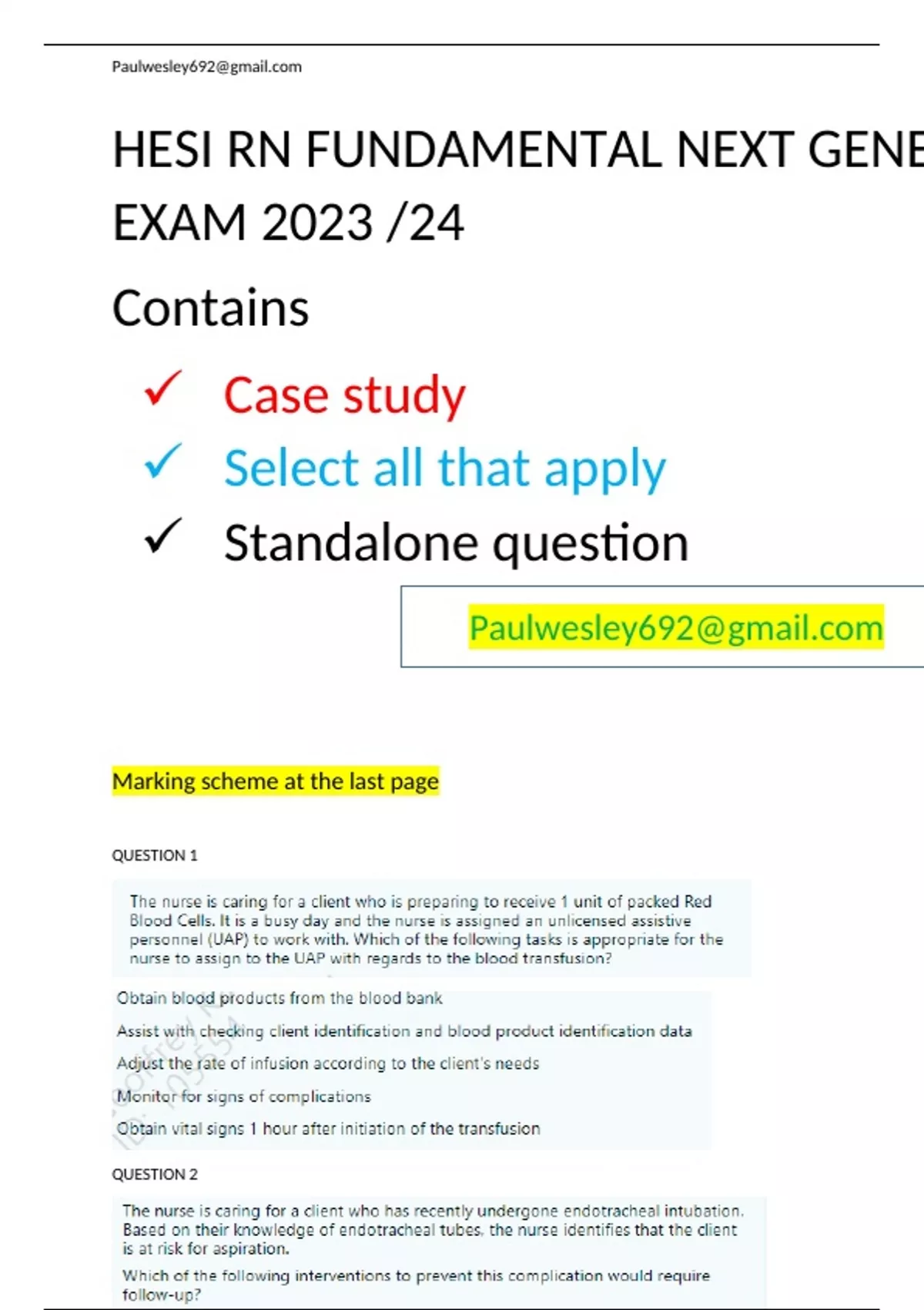 HESI RN FUNDAMENTAL NEXT GENERATION 130 QNS EXAM V1 2023 /24 Contains Case study ,Select all ...