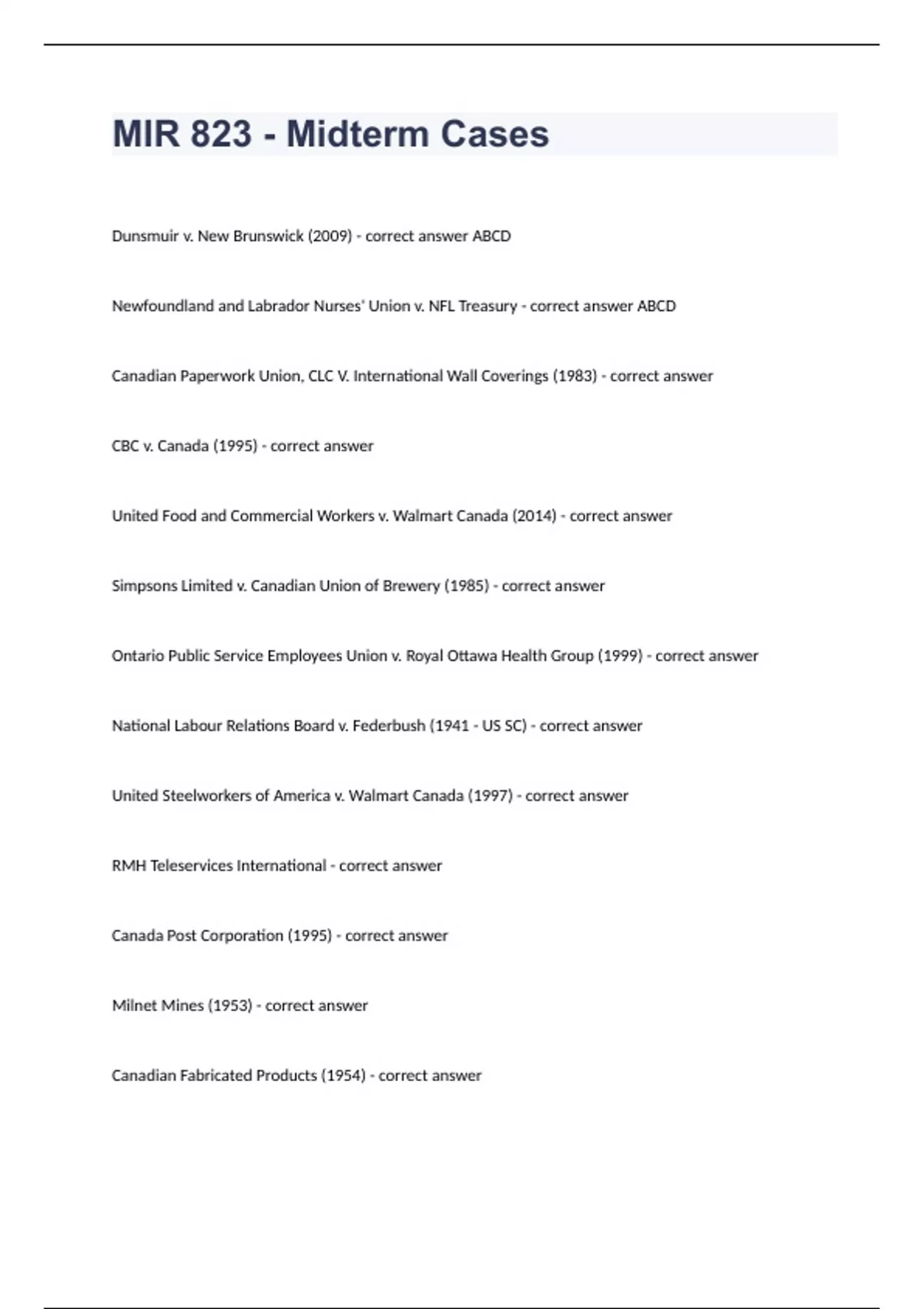 MIR 823 - Midterm Cases Question and answers 2023/2024 verified to pass ...