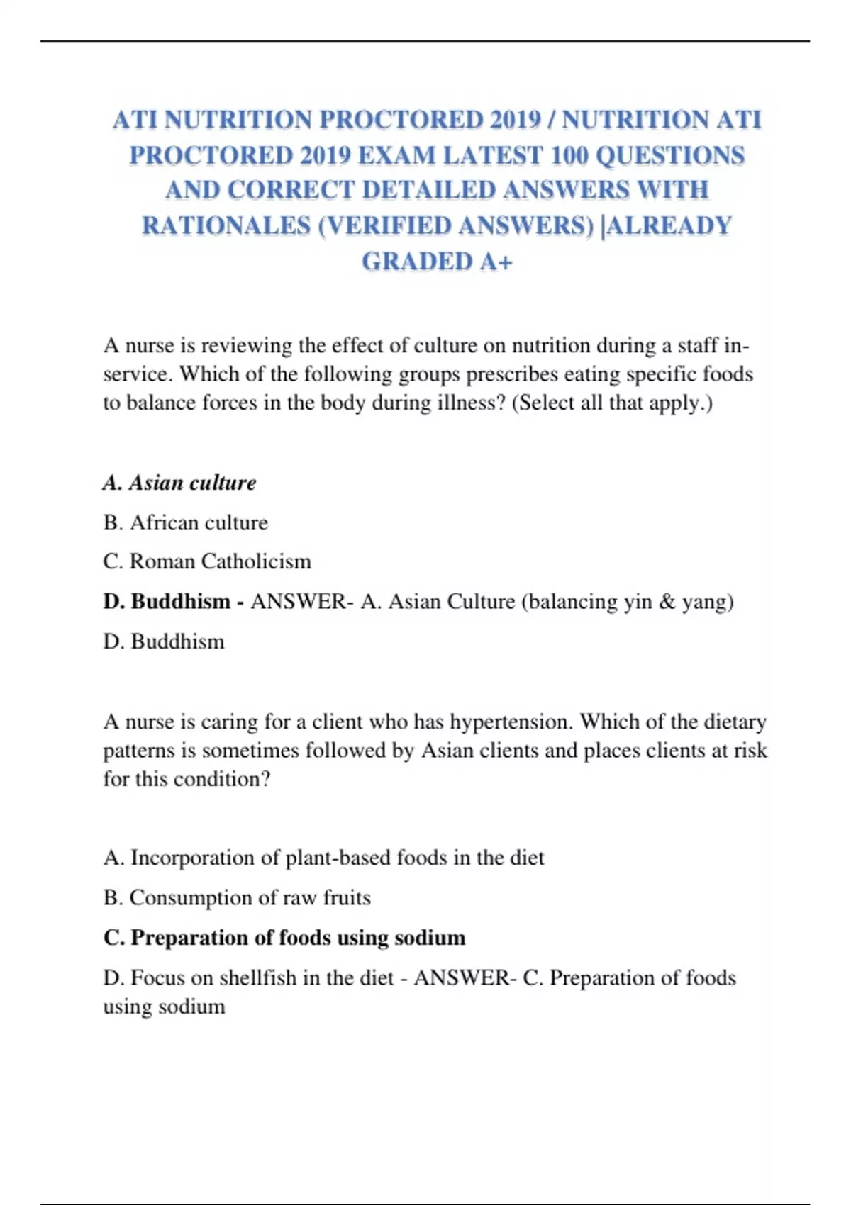 ATI NUTRITION PROCTORED 2019 / NUTRITION ATI PROCTORED 2019 EXAM LATEST ...