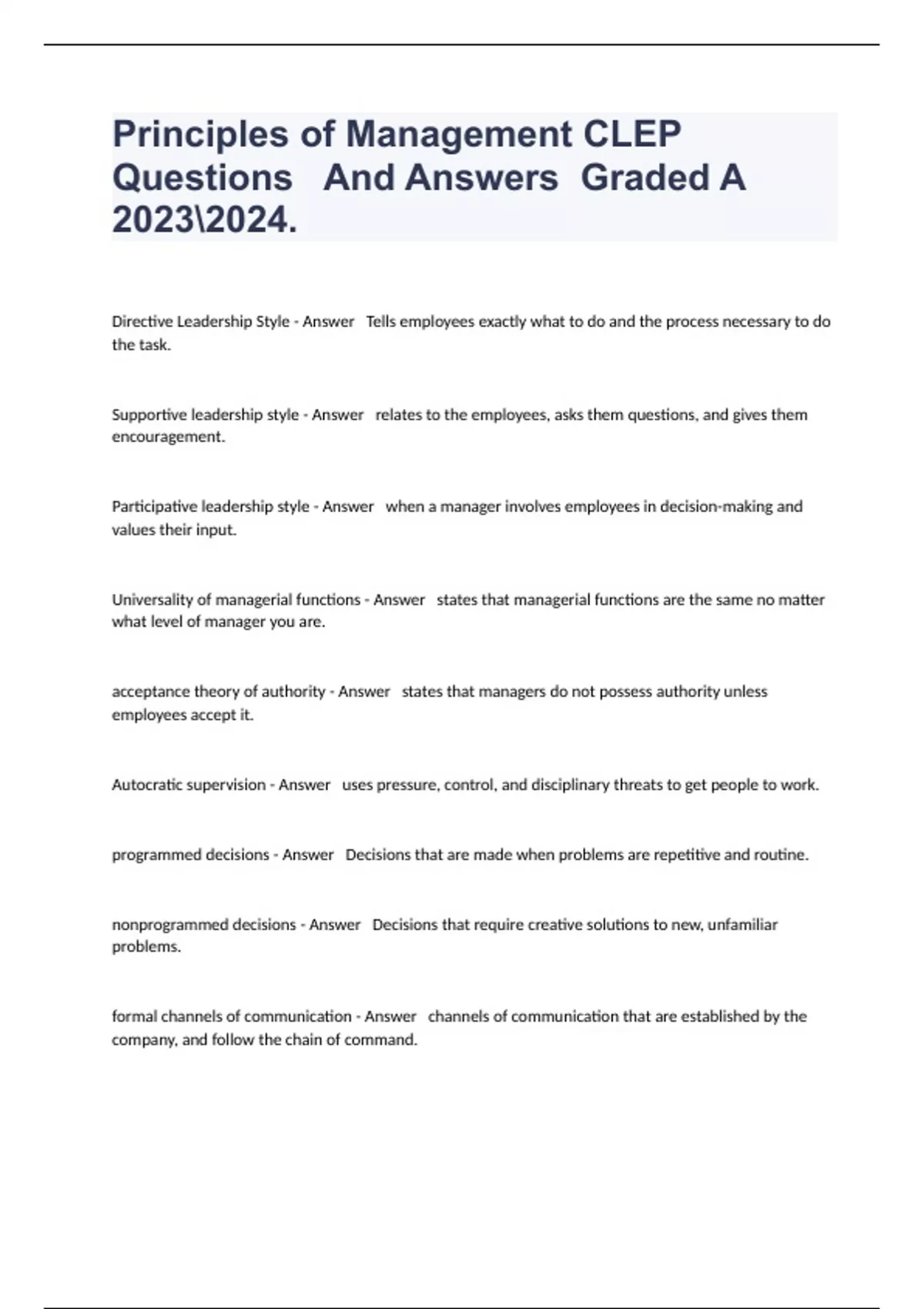 Principles of Management CLEP Questions And Answers Graded A . - CLEP ...