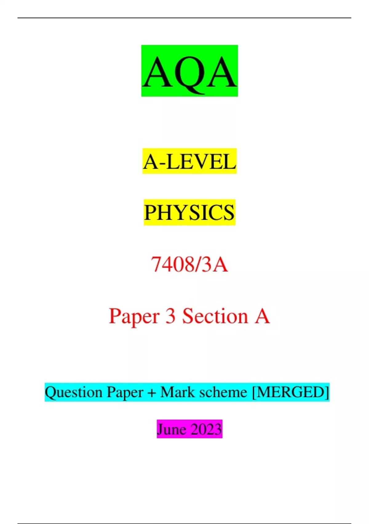 AQA A-LEVEL PHYSICS 7408/3A Paper 3 Section A Question Paper + Mark ...