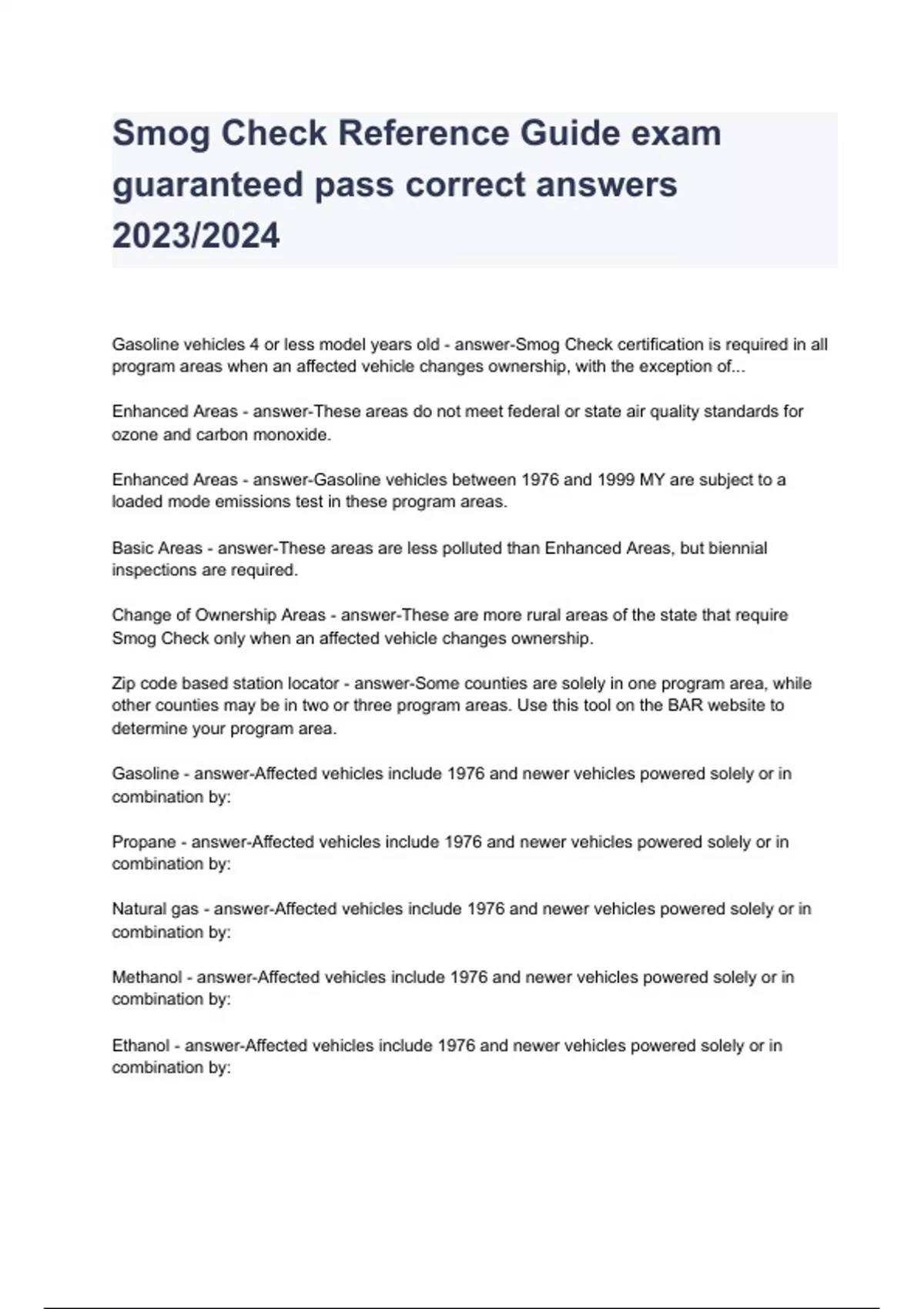 Smog Check Reference Guide exam guaranteed pass correct answers 2023/ ...