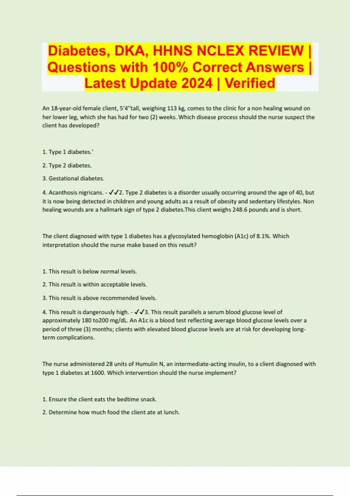 Diabetes, DKA, HHNS NCLEX REVIEW | Questions with 100% Correct Answers ...