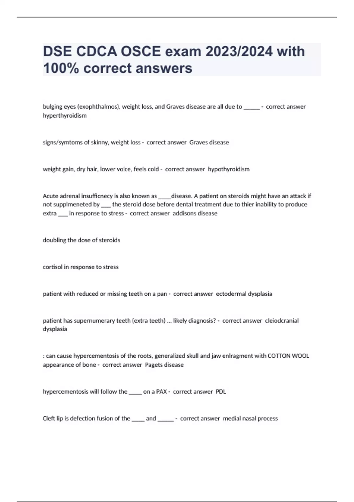 DSE CDCA OSCE exam 2023/2024 with 100% correct answers - DSE - Stuvia US
