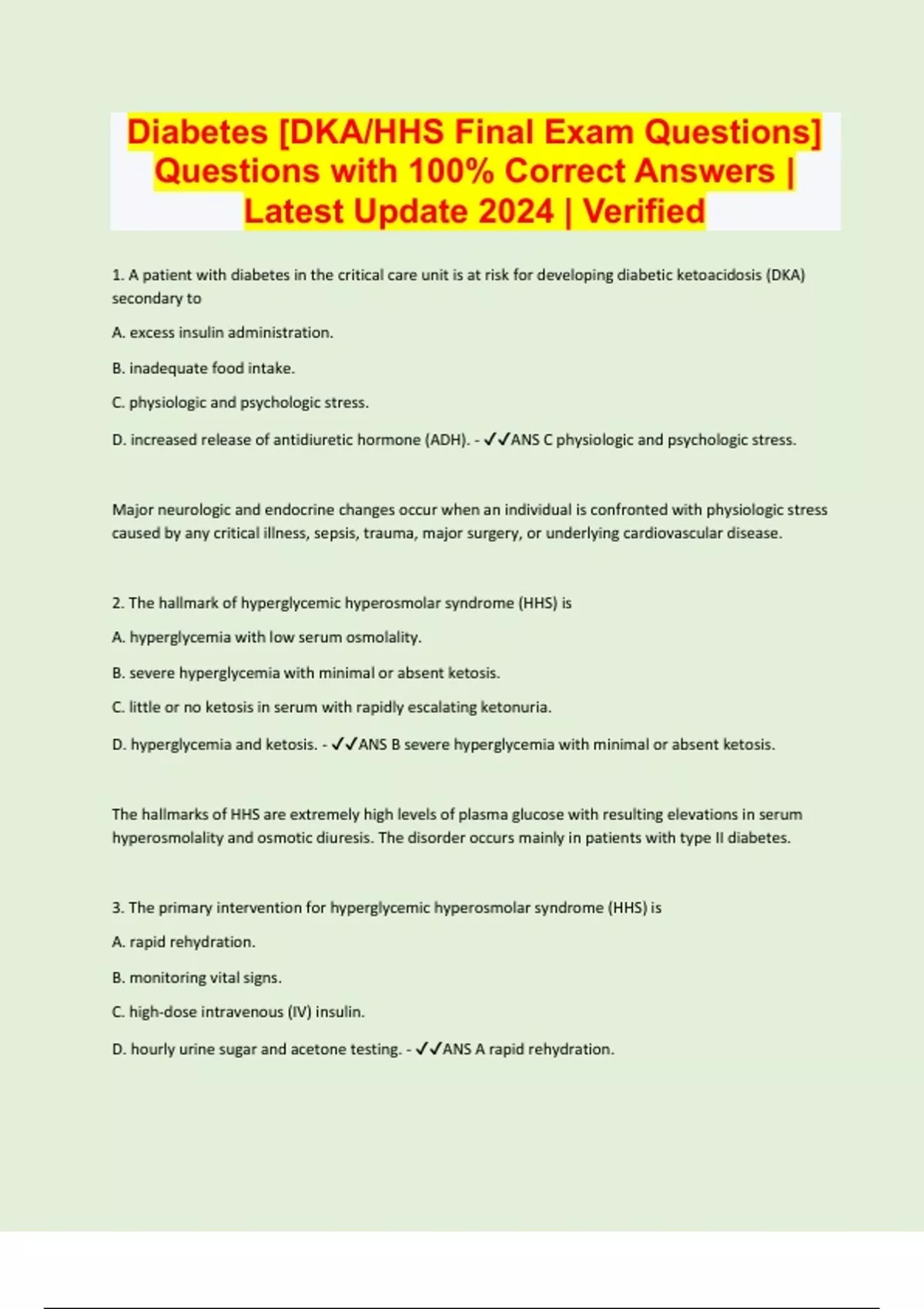 Diabetes [DKA/HHS Final Exam Questions] Questions with 100% Correct ...