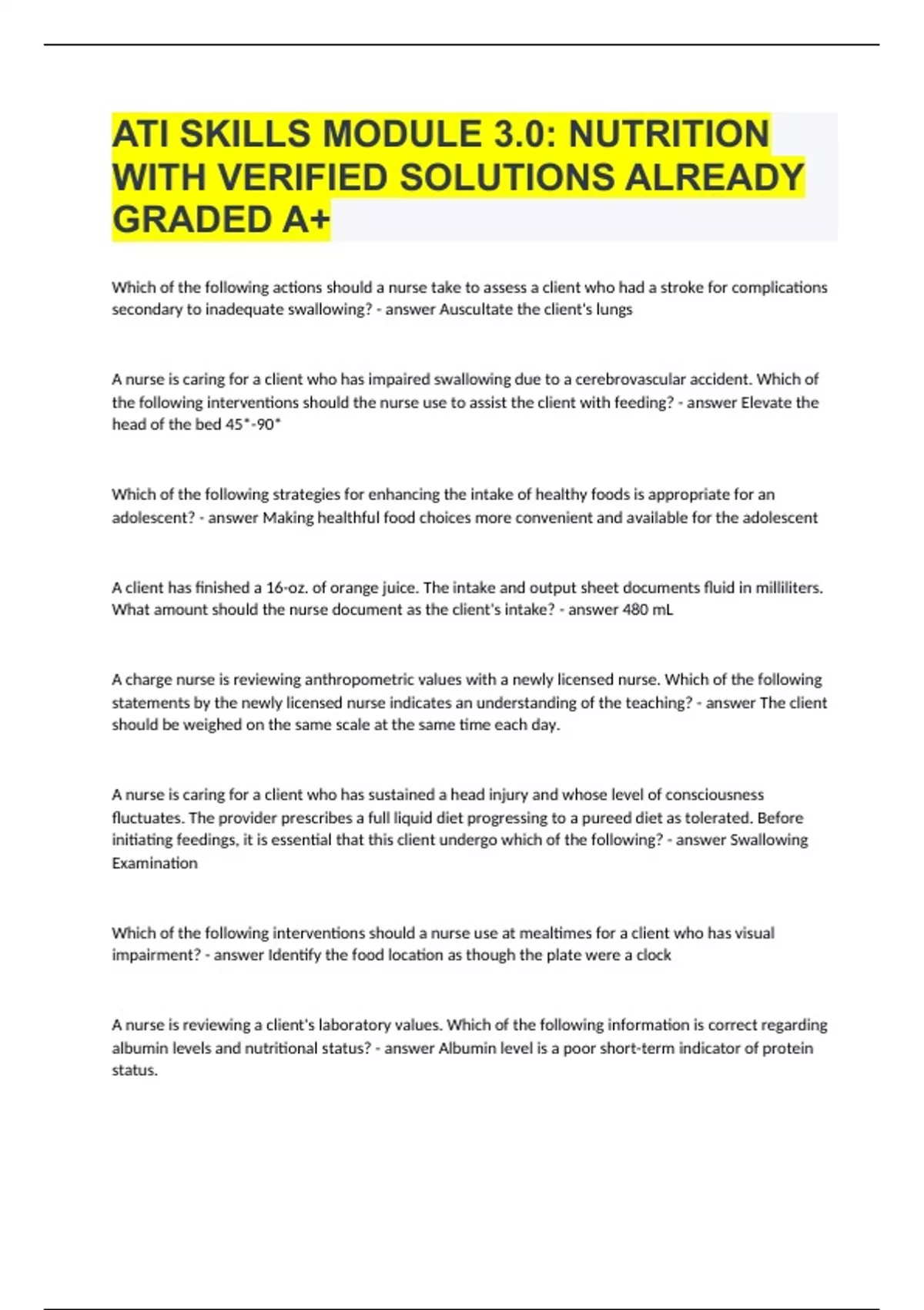 ATI SKILLS MODULE 3.0 NUTRITION WITH VERIFIED SOLUTIONS ALREADY GRADED ...