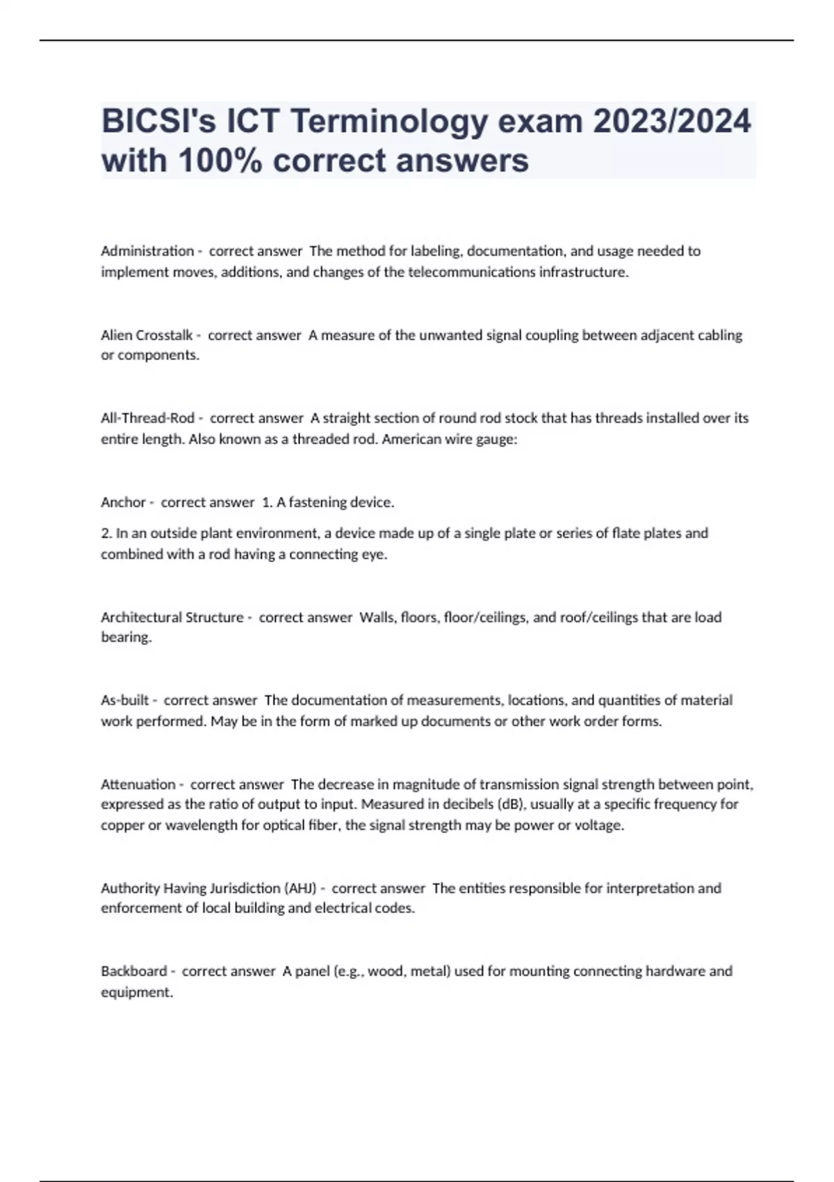 BICSI's ICT Terminology exam 2023/2024 with 100% correct answers ...