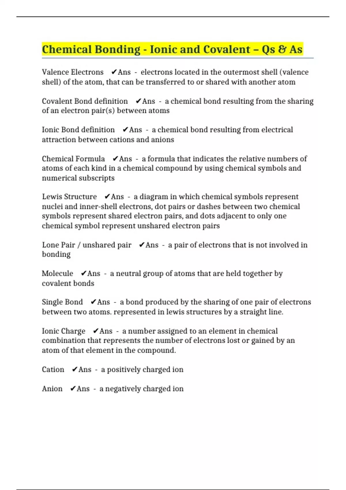Chemical Bonding - Ionic and Covalent – Qs & As - Covalent Bond - Stuvia US