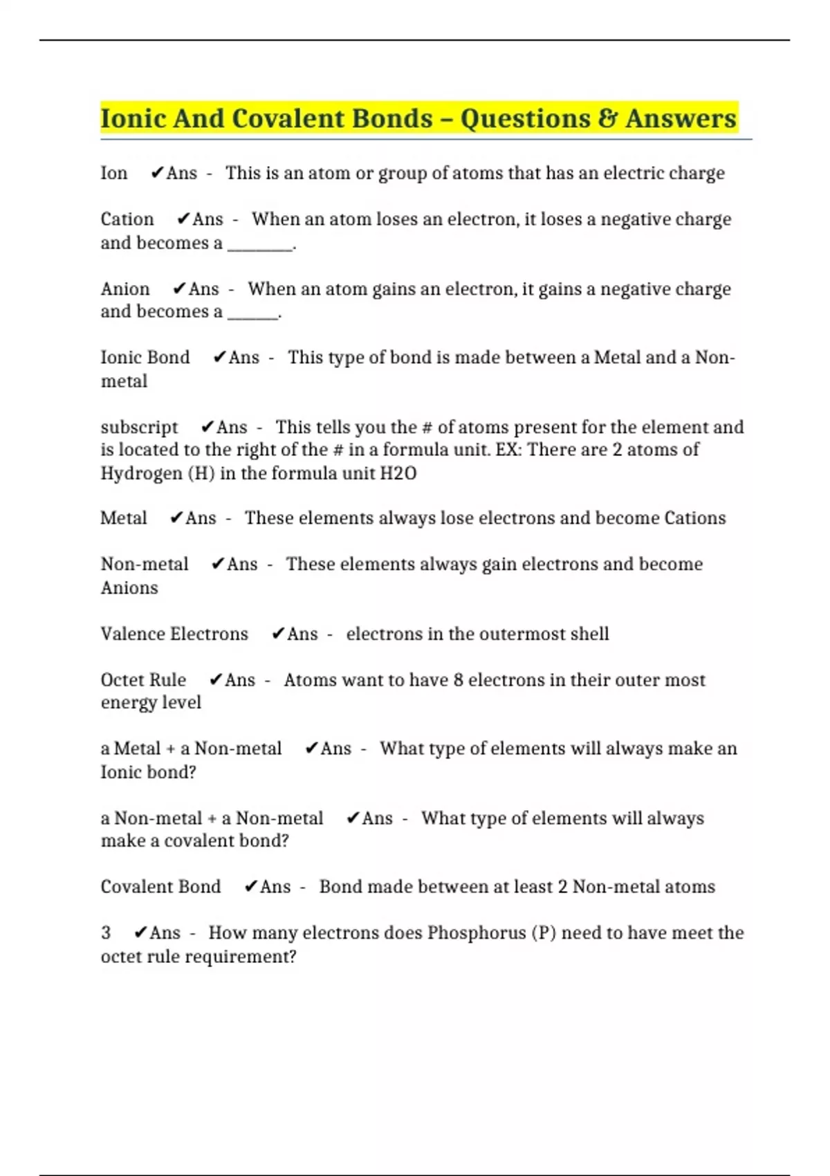 Ionic And Covalent Bonds – Questions & Answers - Covalent Bond - Stuvia US