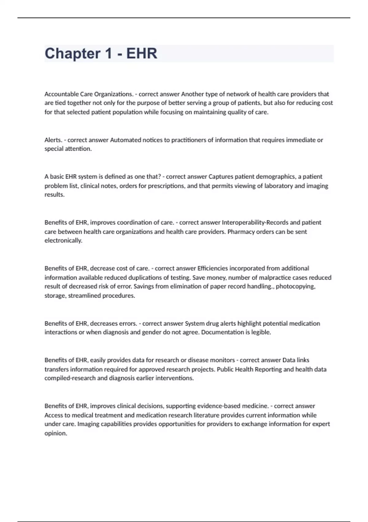 Chapter 1 - EHR Question and answers rated A+ 2023/2024 - EHR - Stuvia US