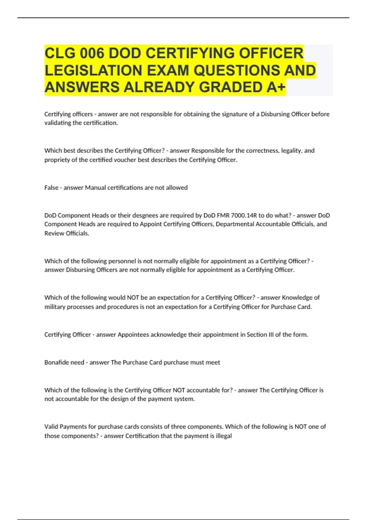 CLG 006 DOD CERTIFYING OFFICER LEGISLATION EXAM QUESTIONS AND ANSWERS ...
