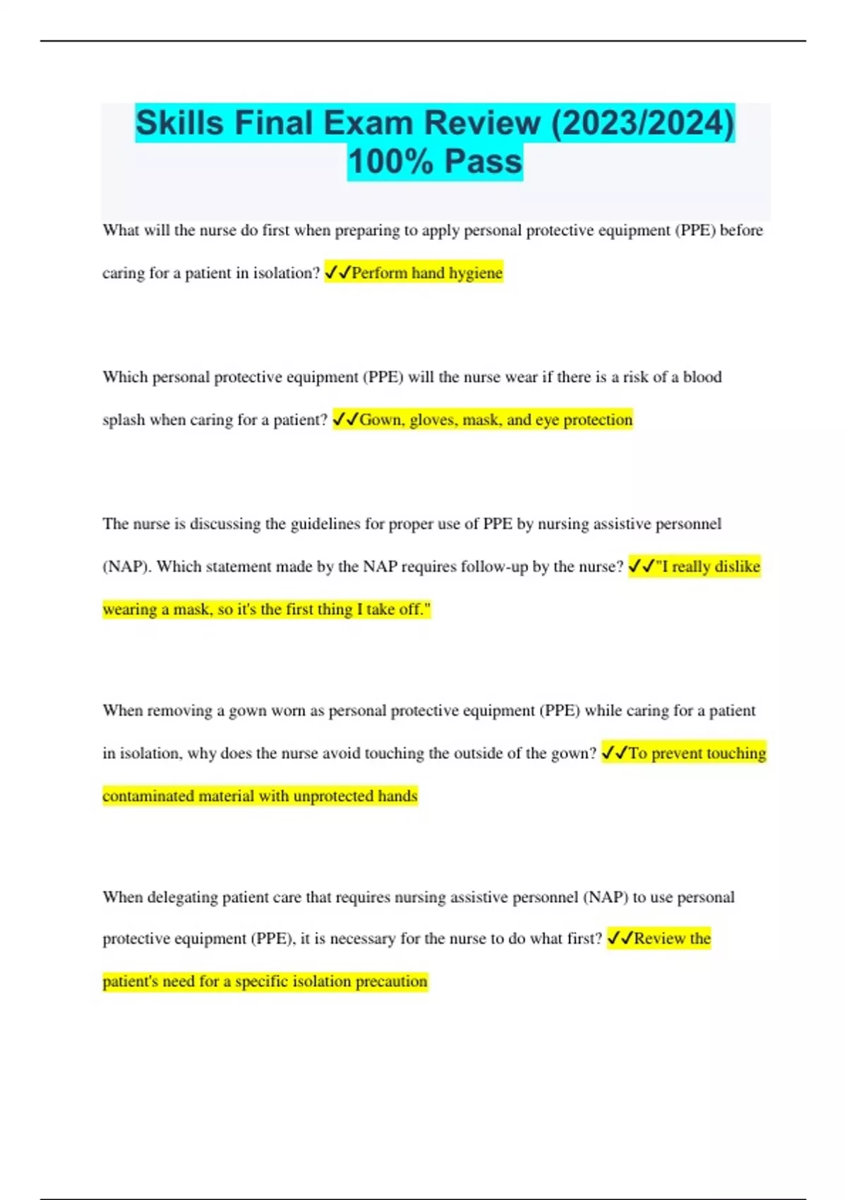 Skills Final Exam Review (2023/2024) 100% Pass - BSN 205 - Stuvia US